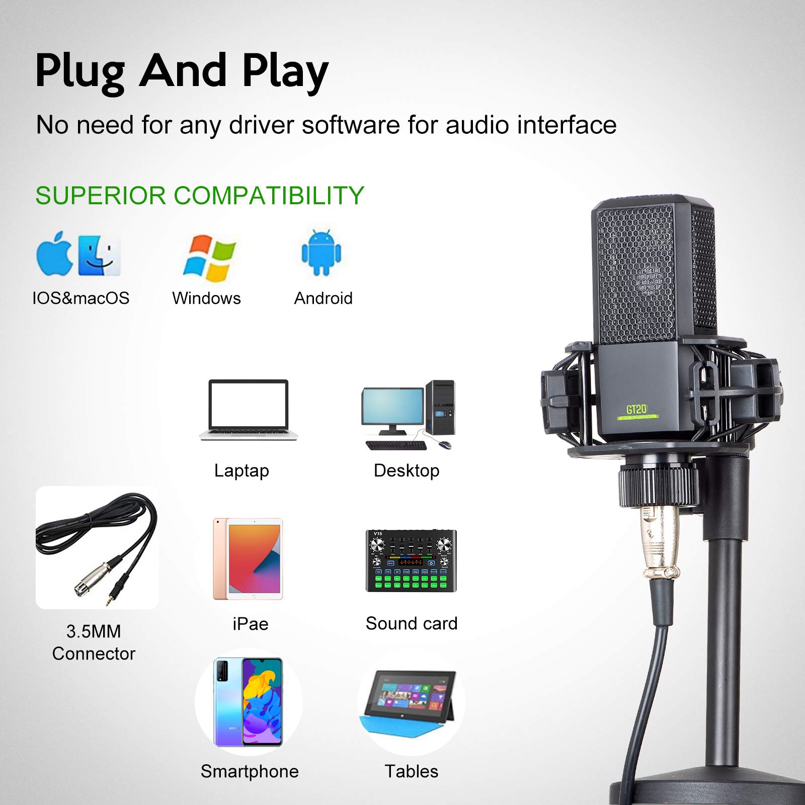 Dr.Raderm Condenser Recording Microphone with Stand, Professional Microphone for Studio Podcast Gaming YouTube Live Streaming 3.5mm Plug and Play Mic Compatible PC Computer Laptop Mac Windows