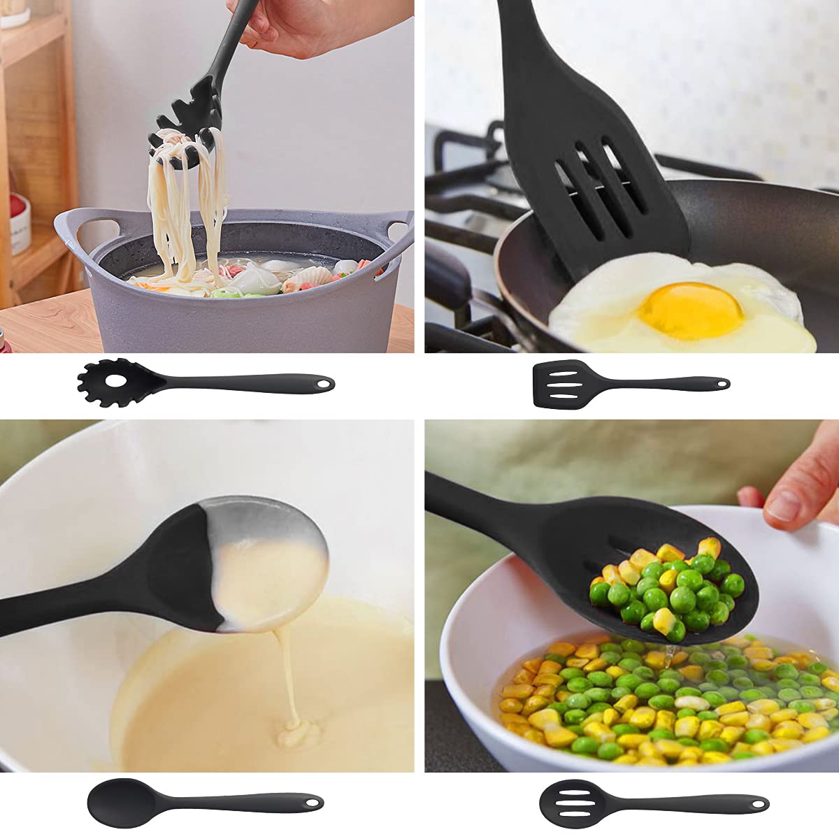 Cooking Utensils Set,Silicone Kitchen Utensil Set 15PCS,Non-Stick Silicone Kitchen Utensils,Heat Resistant 446°F Kitchen Tool Set,kitchen essentials for new home(Non Toxic) Black