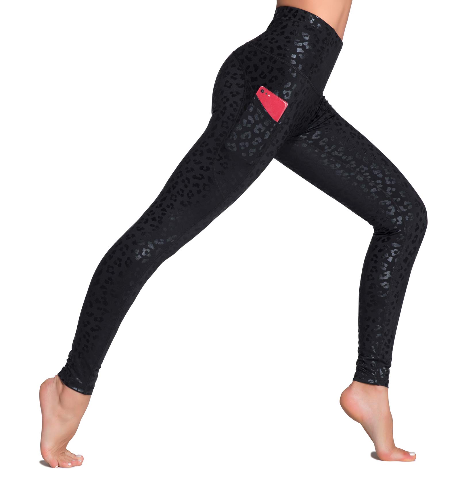 Dragon Fit High Waist Yoga Leggings with 3 Pockets,Tummy Control Workout Running 4 Way Stretch Yoga Pants (Medium, Black Leopard)