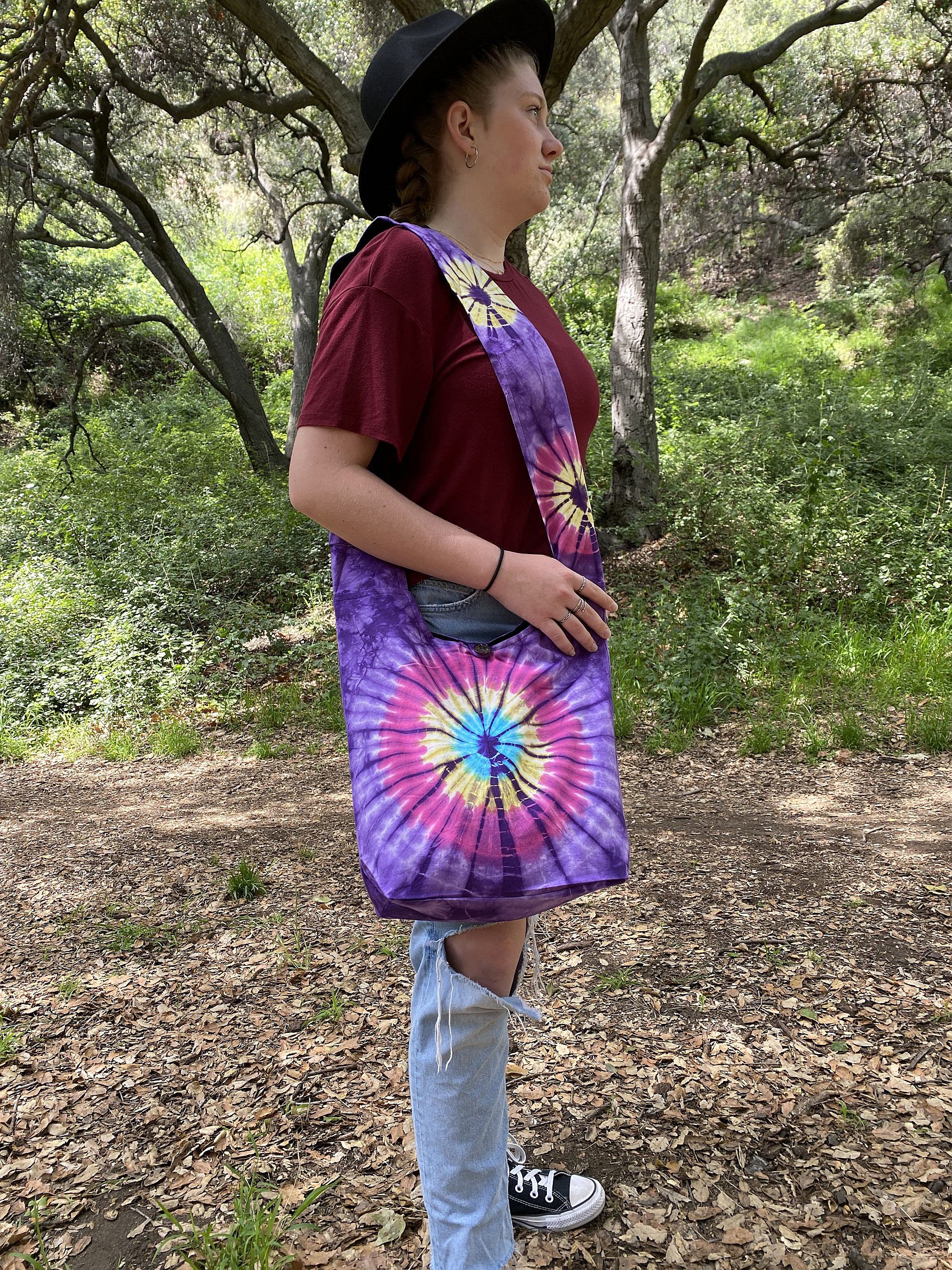Tie Dye Crossbody Shoulder Hippie Boho Handbag Purse in Purple Large