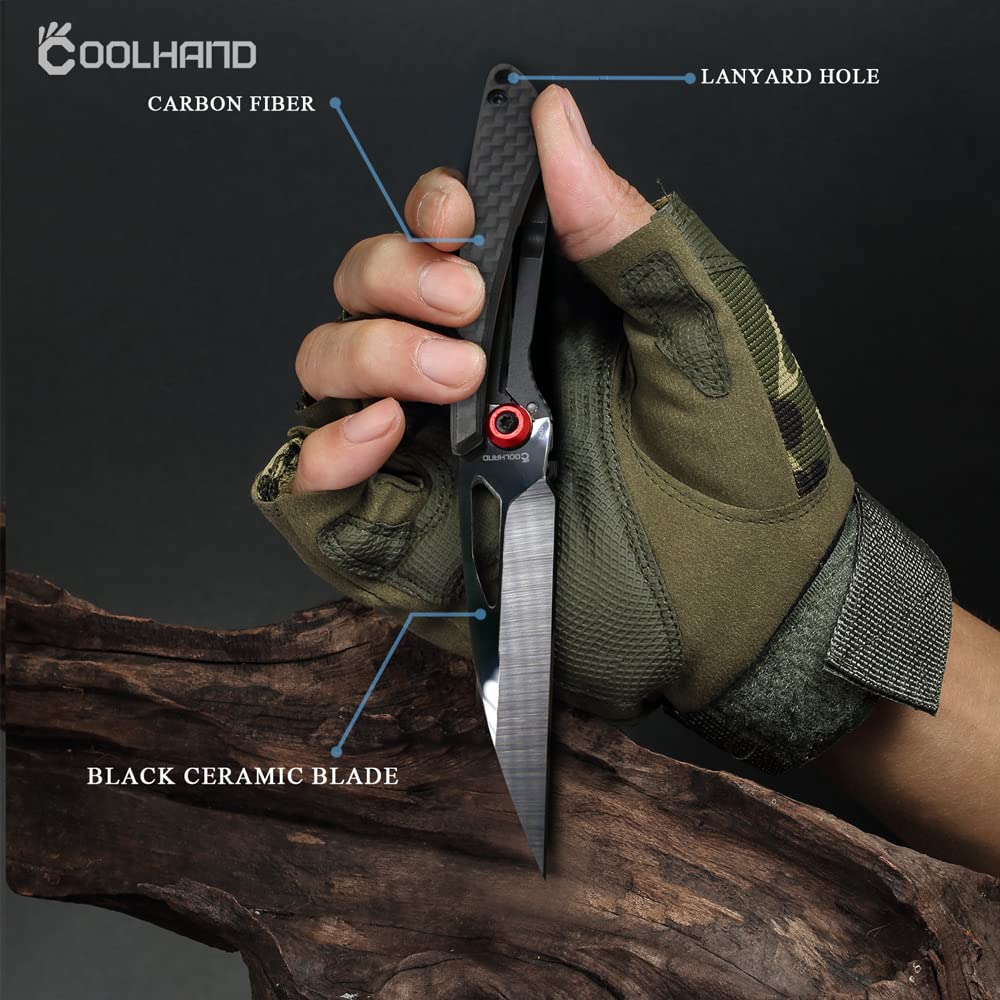 Cool Hand 3'' Super Light Folding Pocket Knife, Liner Lock, 2'' Black Ceramic Blade with Carbon Fiber Scale