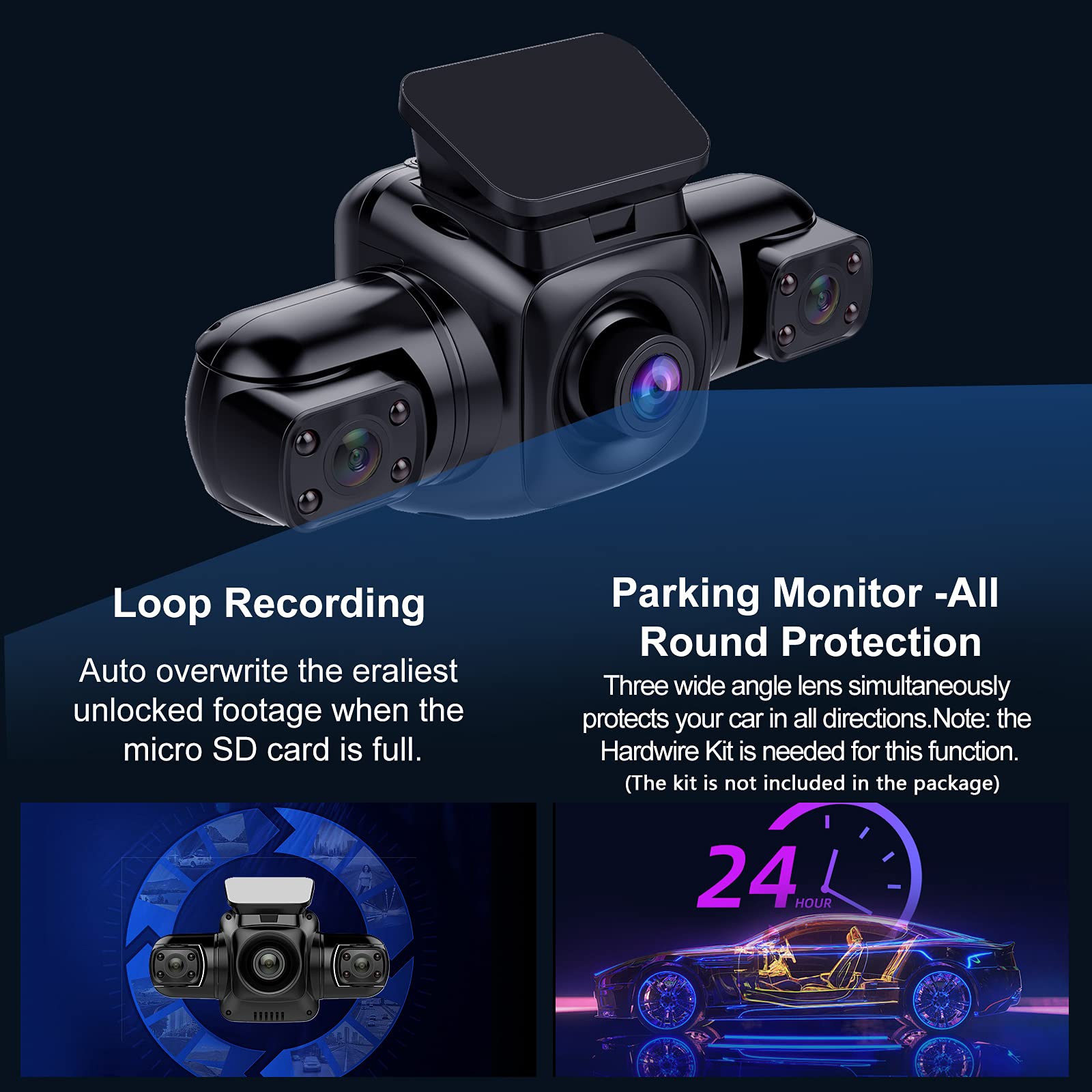Dash Cam Built-in WiFi 3 Channel 1080P Dash Camera Front and Rear Three Way Dashboard Cam, Loop-Recording, 24-Hour Parking Mode, 8 Ir Night Vision, Supercapacitor, G-Sensor, App, Support 256gb Max