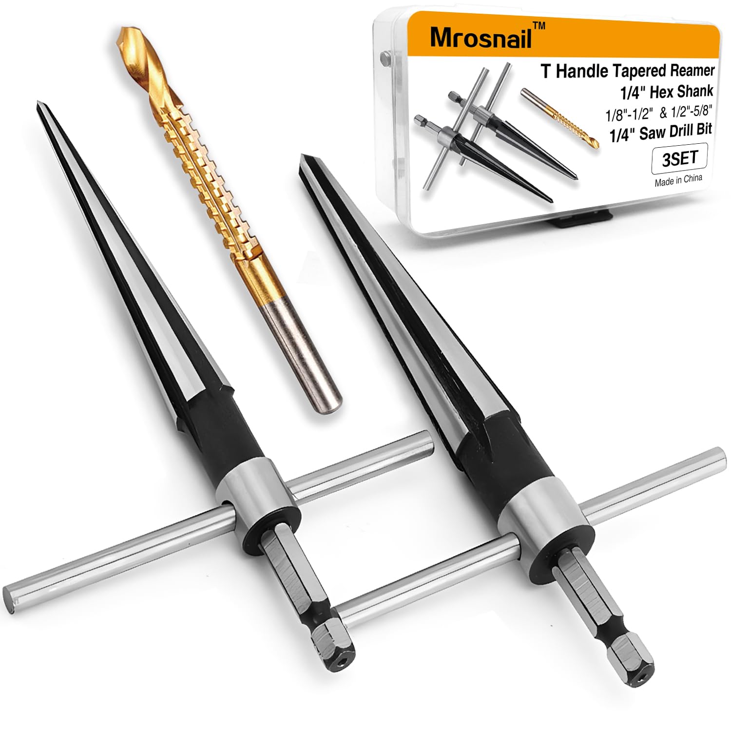 Mrosnail Tapered Reamer Set with T Handle, 3-13mm (1/8''-1/2'') & 5-16mm (3/16"-5/8") 6 Fluted, Carbon Steel Hex Shank for Guitar Woodworking - 2pcs