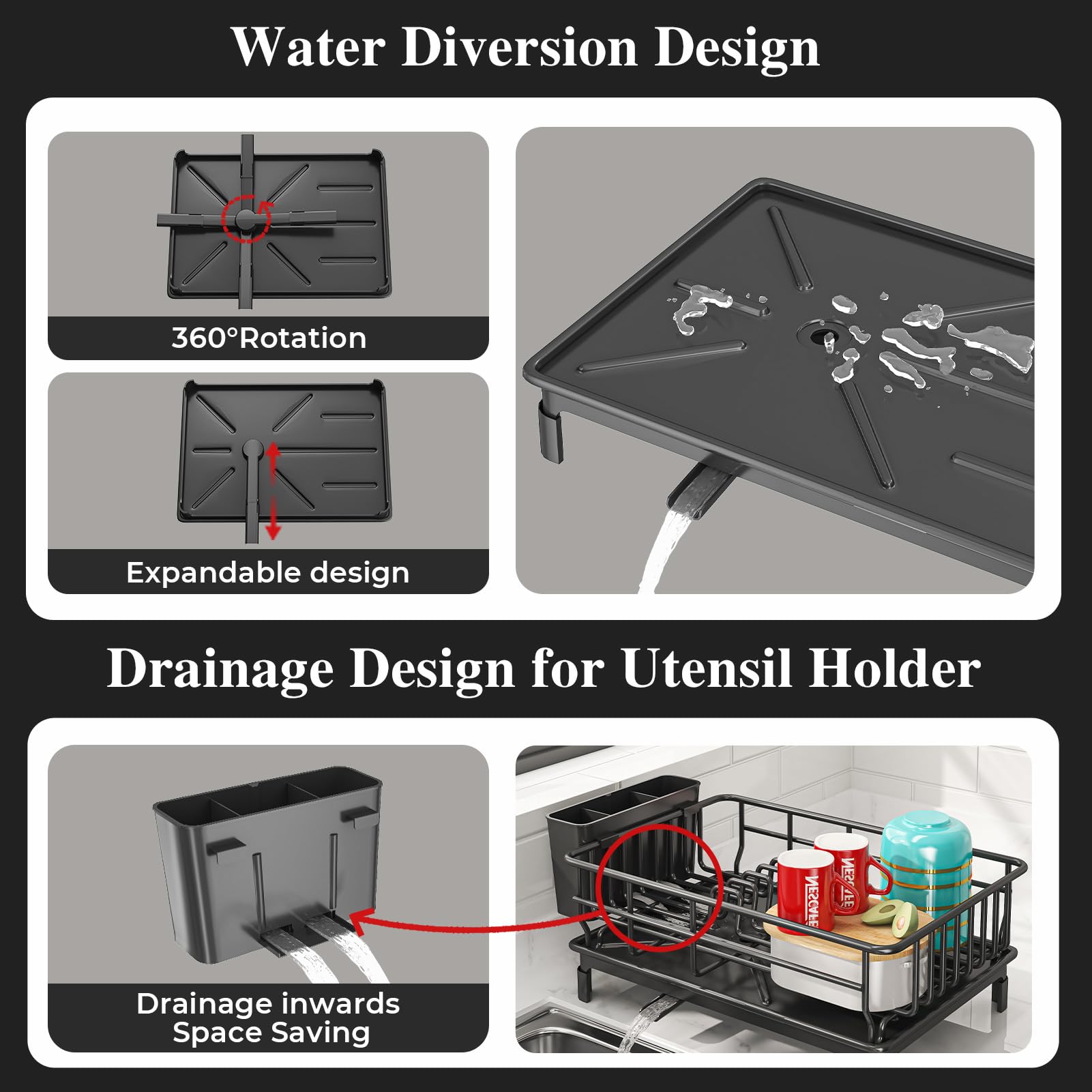 Famhap Small Dish Drying Rack, Dish Rack with Drainboard Dish Drainers for Kitchen Counter Sink Adjustable Spout, in Sink Dish Strainers with Utensil Holder and Knife Slots, White
