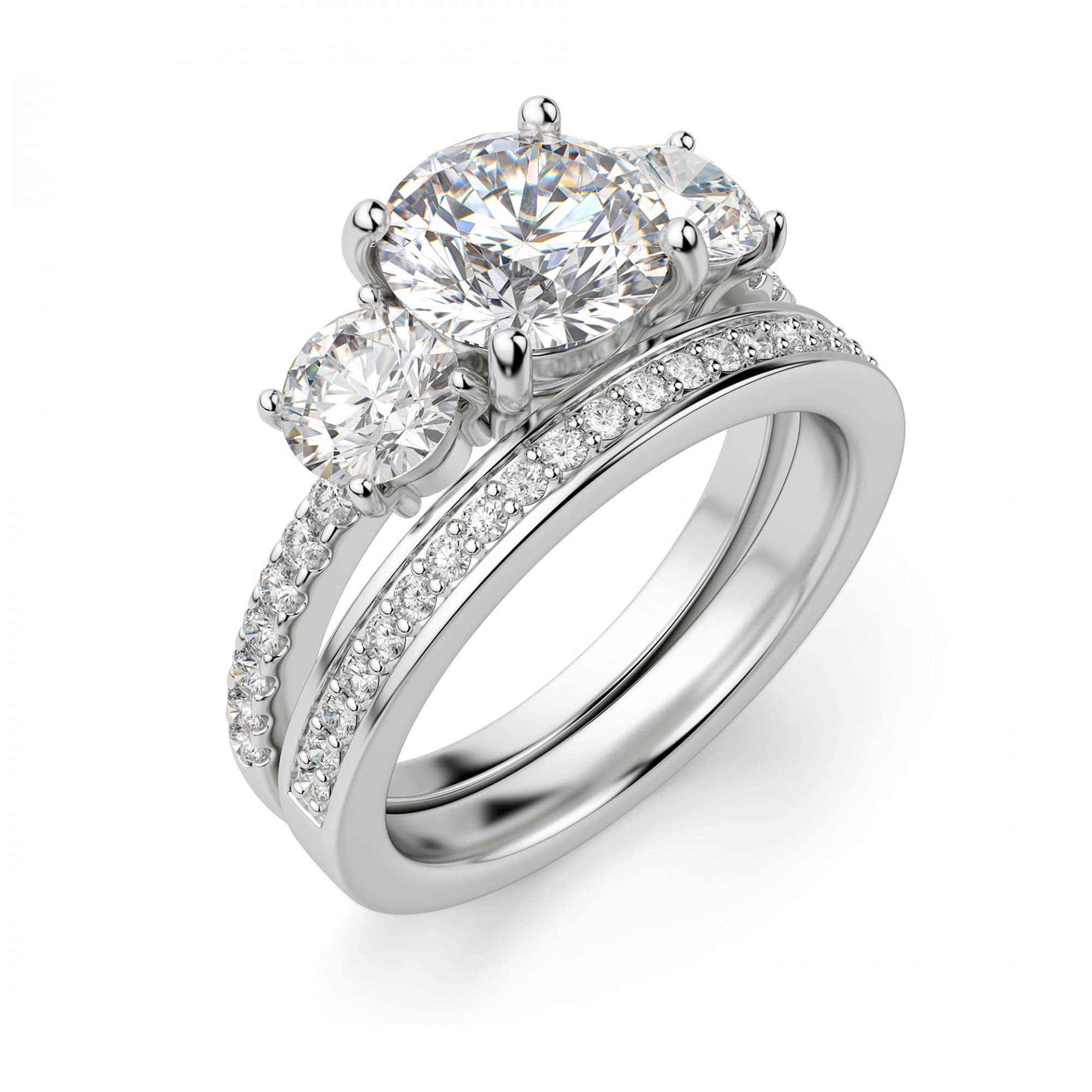 Dazlura 3 Stone Engagement Ring With Accents In 925 Sterling Silver Moissanite Round Cut White VVS Clariry Diamond Solitaire Ring Set With Wedding Eternity Band - 12.5 Bridal Ring Set