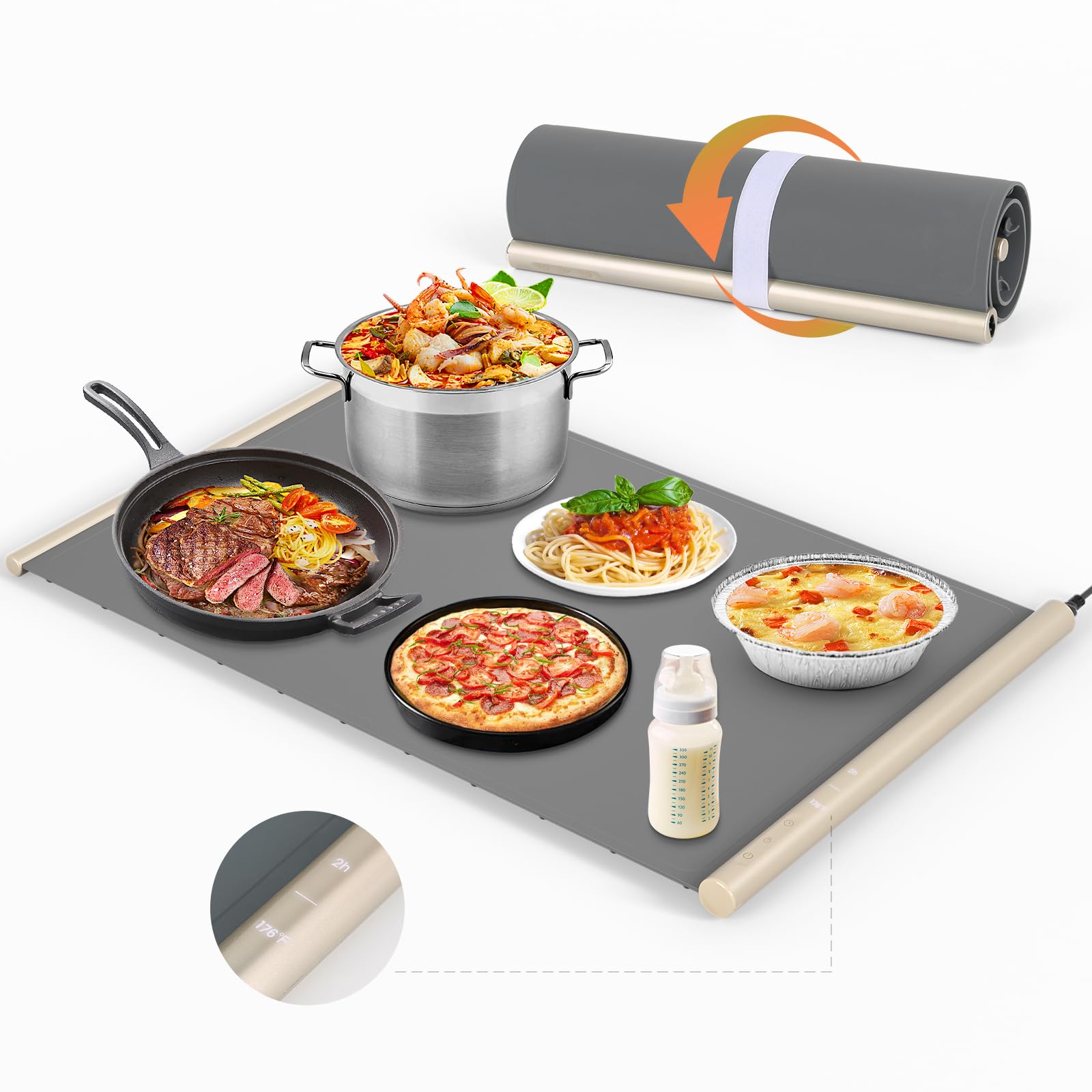 Hiwoor Food Warming Mat, Electric Warming Tray Full Surface Heating with 3 Temperature and Timer Settings, Silicone Heating Mat Heat Pad Rollable Versatile Food Warmers for Parties Buffet Gatherings
