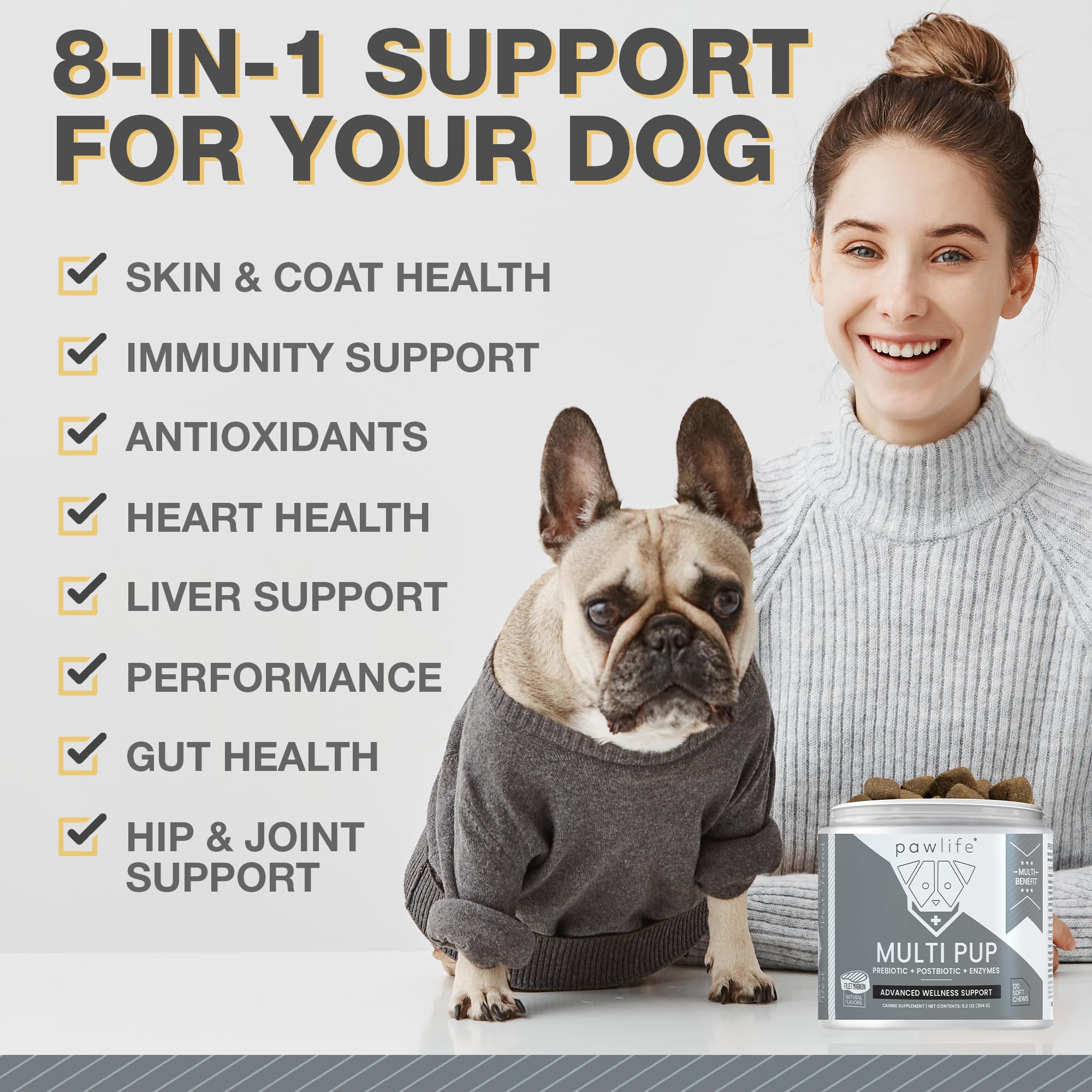 Pawlife All Natural Multivitamin Soft Chews for Dogs| Glucosamine Chondroitin for Joint Support with Probiotics for Gut & Immune Health| Mobility and Advanced Wellness Support|4-Month Supply