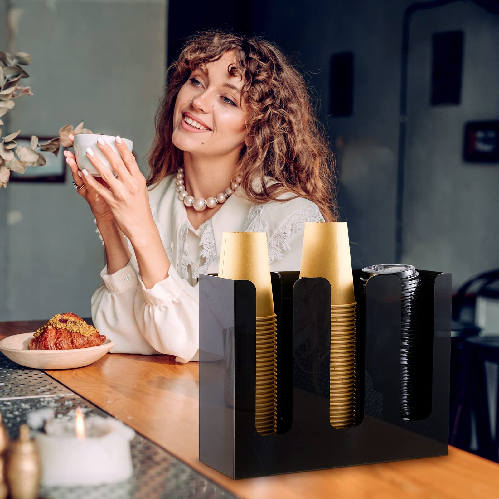 Mumufy 2 Pack 3 Compartments Acrylic Cup Storage Organizer Coffee Cup Dispenser Organizer Disposable Coffee Cup Holder Coffee Organizer Station Paper Cup Lid Sleeve Holder for Restaurant (Black)