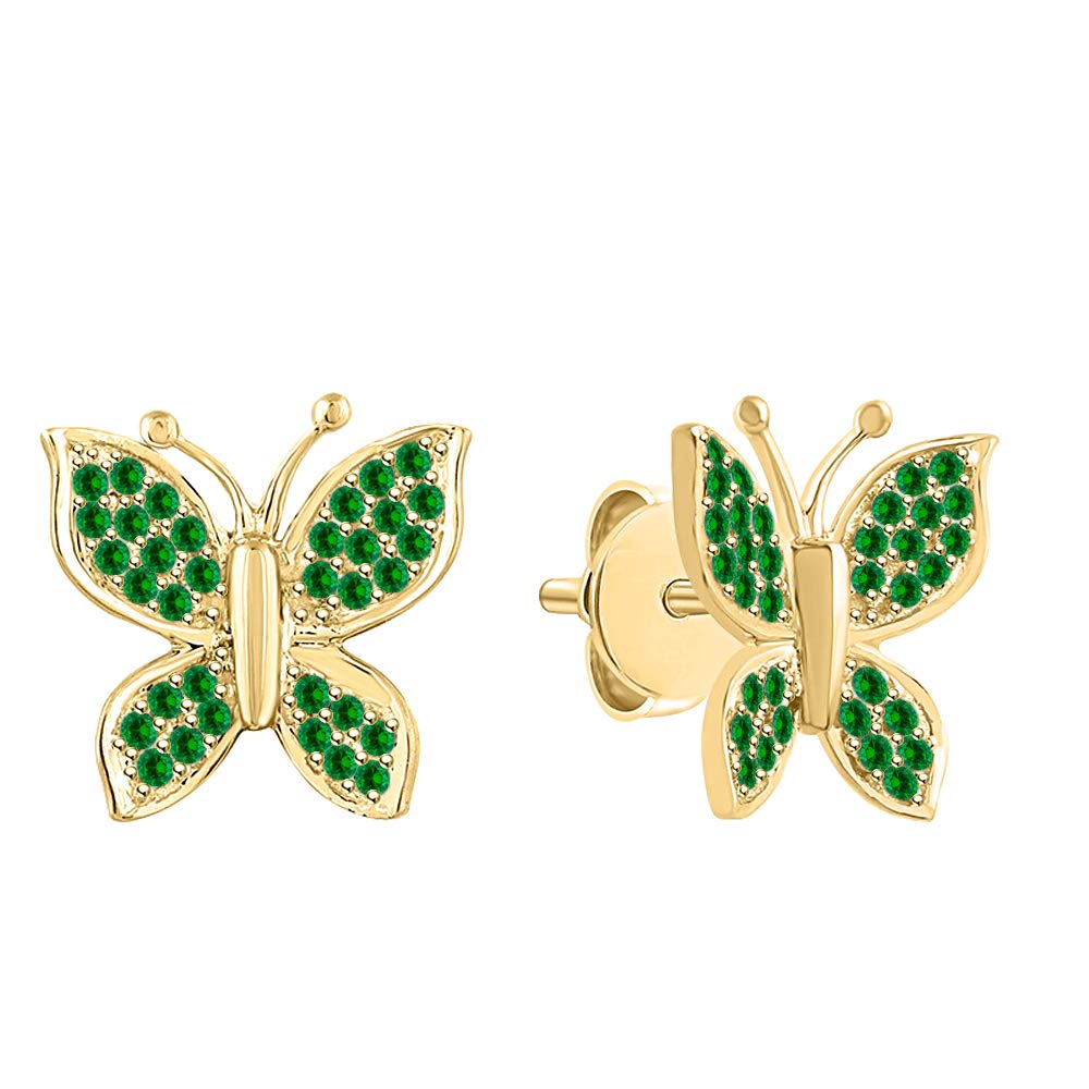 dazzlingjewelrycollection Beautiful Butterfly Shape Round Cut Green Emerald 14K Yellow Gold Over .925 Sterling Silver Stud Earrings For Women's