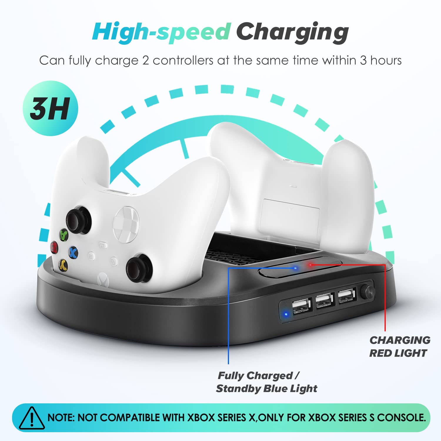 Cooling Stand Compatible with Xbox Series S, Cooling Fan with Dual Controller Charger Ports, Charging Station Dock, LED Indicator, 3 USB Ports, Black