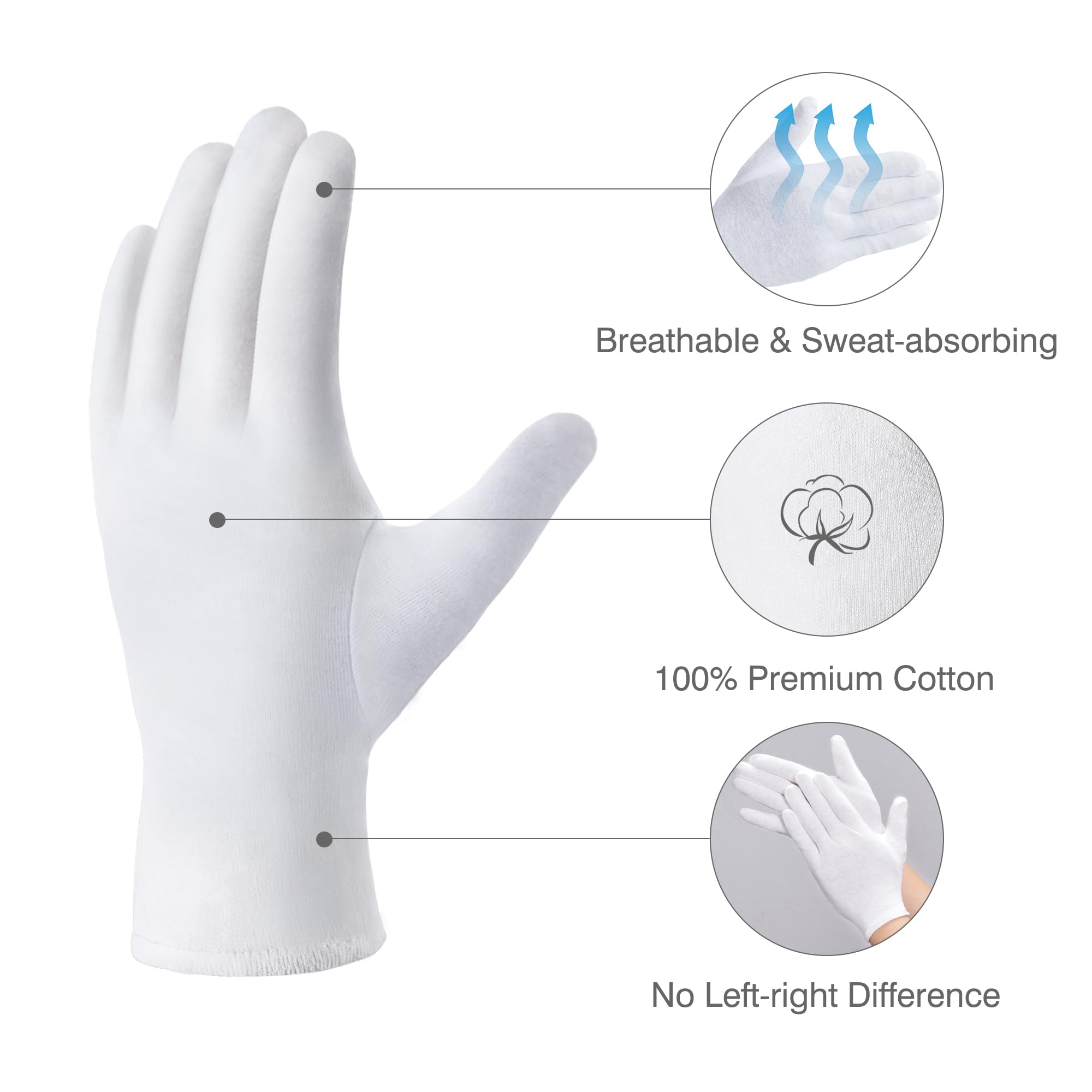 COOLJOB 100% Cotton Gloves, 6 Pairs White Cotton Gloves for Dry Hands Moisturizing & Eczema, Overnight Lotion, Sleep & Spa Treatment for Women & Men, Breathable Work Glove Liners, Medium Size