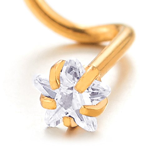 COOLSTEELANDBEYOND Gold Stainless Steel Screw Nose Rings Studs with Star Cubic Zirconia Body Jewelry Piercing
