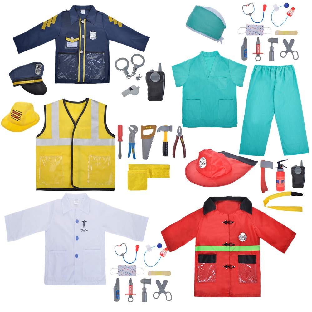 TopTie 5 Sets Halloween Kids Costumes, Dress Up Costumes with Storage Box for Age 3-7, Doctor Fireman Police Surgeon Worker