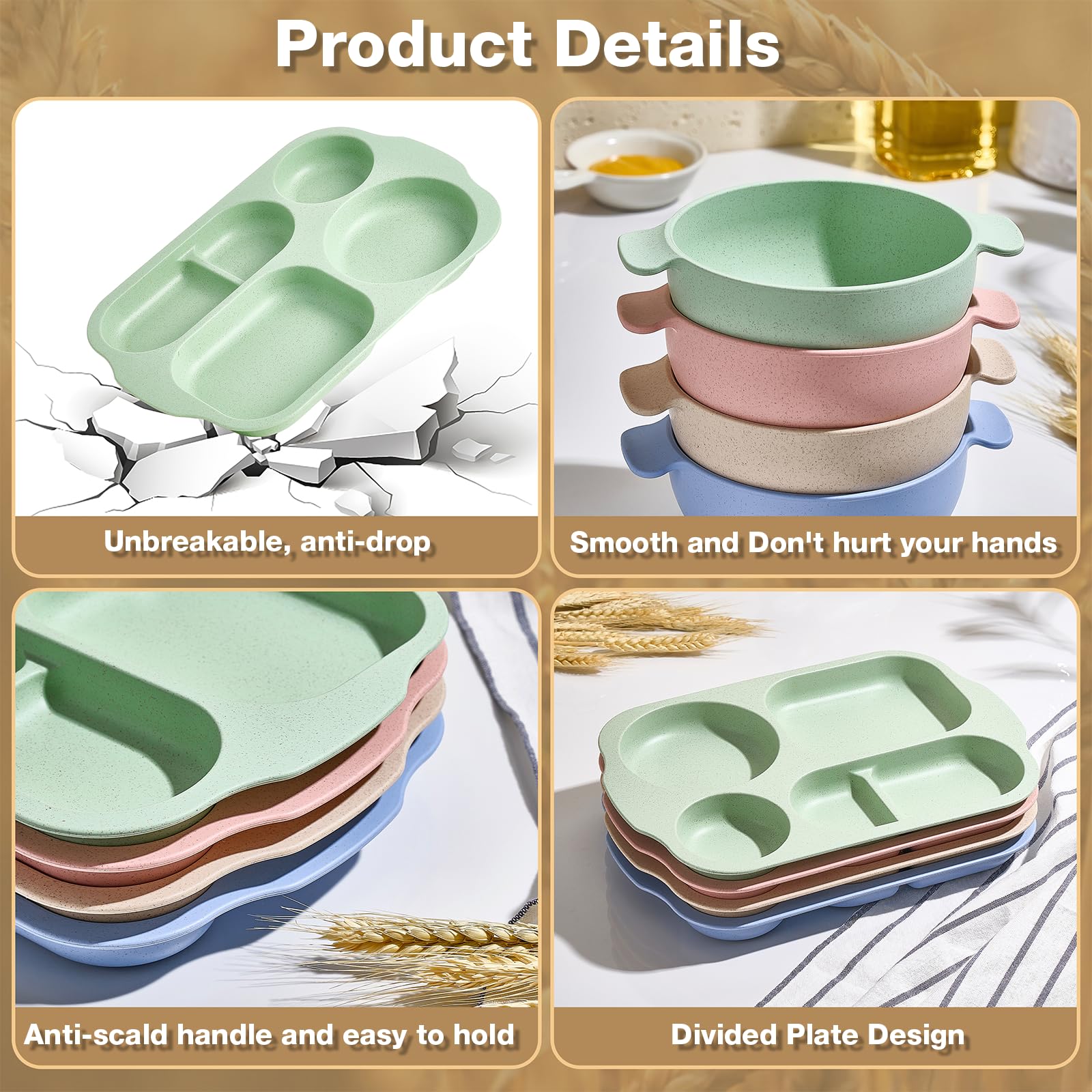 Hlukana 24 Pcs Wheat Straw Dinnerware Cutlery Set, Unbreakable Tableware Set, Including Kids Toddlers Divided Plates, Bowls, Cup, Cutlery Spoons Knifes Forks, BPA Free, Microwave Dishwasher Safe
