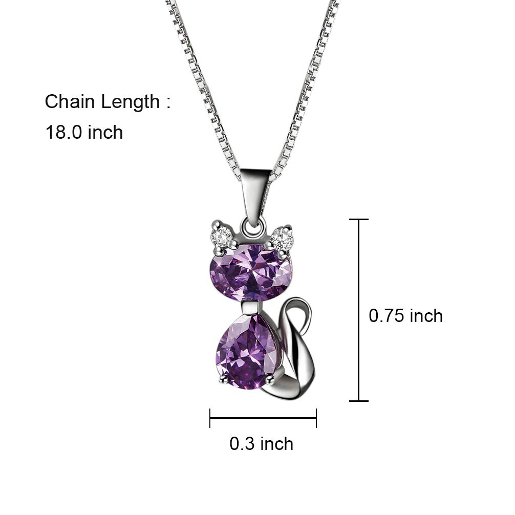DreamsEden Cat Necklace, 18'' Silver Box Chain Women's Amethyst Cat Pendant Jewelry, Purple (Gift Box & Greeting Card)