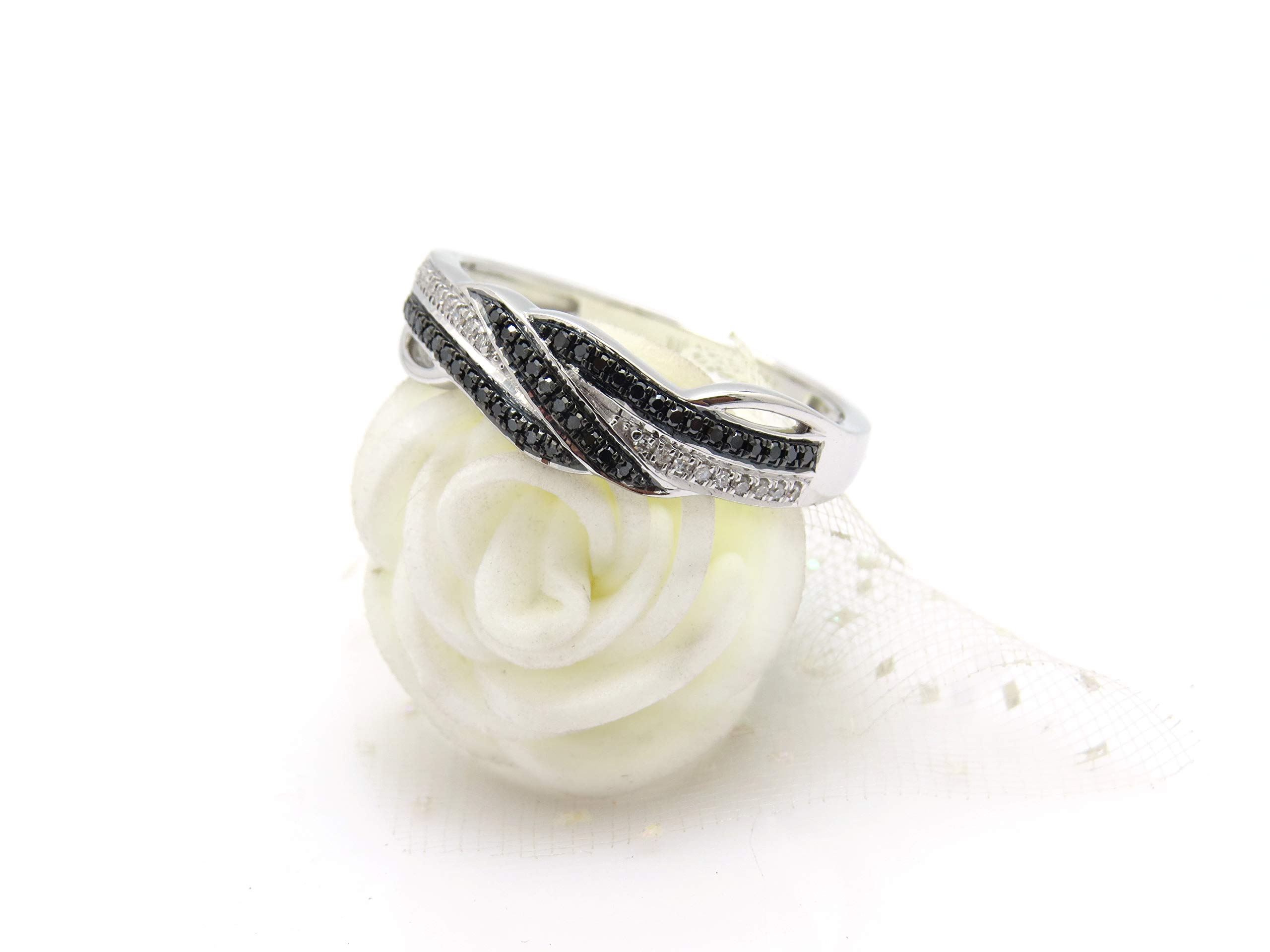 Dazzlingrock Collection 0.15 Carat (ctw) Round Black & White Diamond Women Swirl Cocktail Right Hand Ring, 10K White Gold, Size 6.5