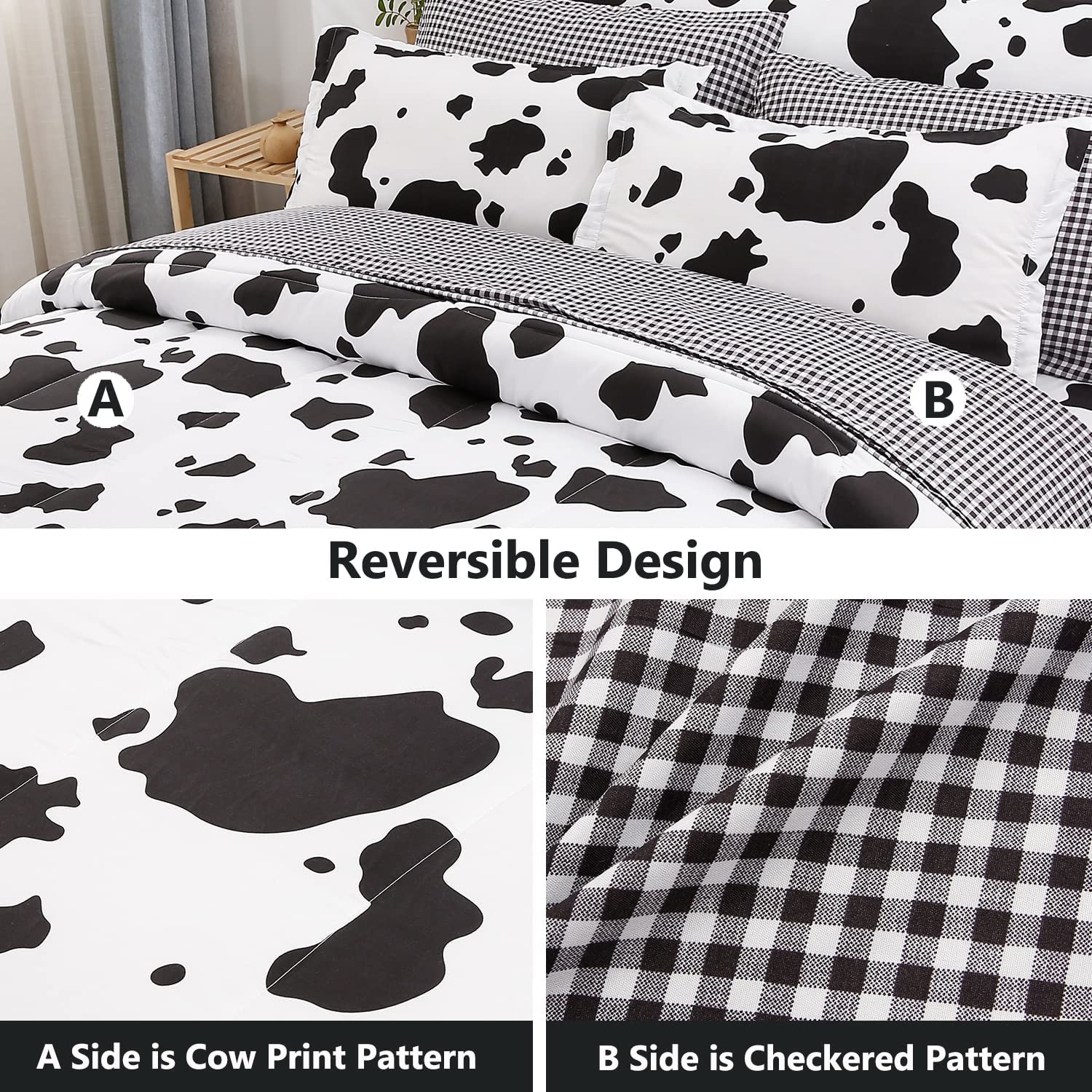 PERFEMET Cow Print Bedding Comforter Set Queen Size Black and White Reversible Geometric Checkered Bedding Set for Kids Teens Boys Girls Rustic Animal Cowhide Pattern Bed Quilt Set