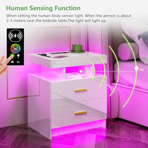 HNEBC LED Nightstand, RGB White Night Stand with USB/Wireless Charging Station, Modern Bedside Table has Auto Sensor RGB Lights, End Side Table with 2 Drawer for Bedroom Furniture, White