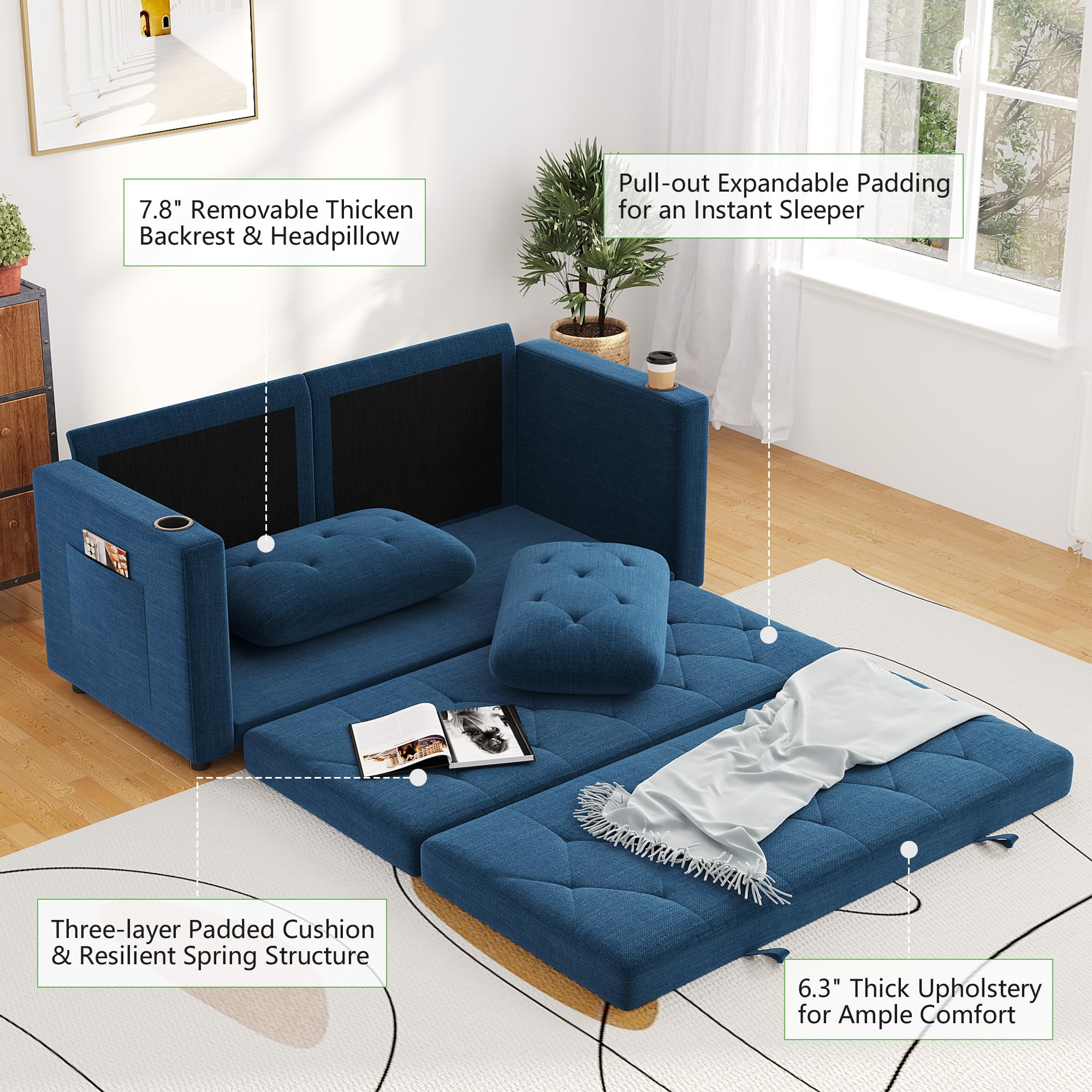 HNEBC Pull Out Sleeper Sofa, Loveseat Futon Sofa Bed with Side Pockets, Convertible Floor Small Couch with Cup Holders, Full Size Folding Couches for Apartments/Living Room (Blue, 72008)
