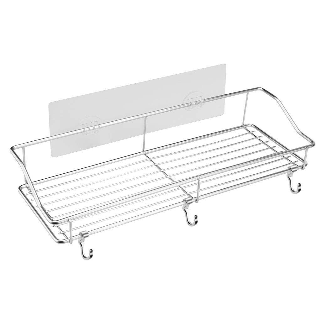 Toxz Stainless Steel Storage Rack Kitchen Bathroom Shelf Storage Wall Shelf Organizer with Adhesives,3 Removable Hooks,35×12.5×6cm(Ship from US!)