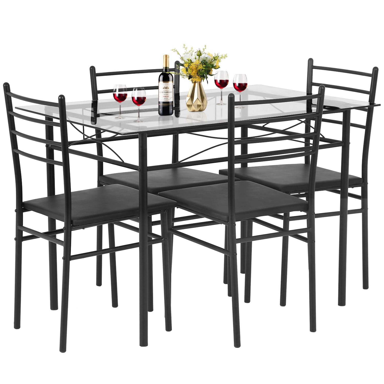 FDW Classic Dining Table Set 5 Piece,Metal Frame Glass Top Table and 4 Rectangular Modern Chairs Set,Suitable Small Space Kitchen Table Set for 4,Black
