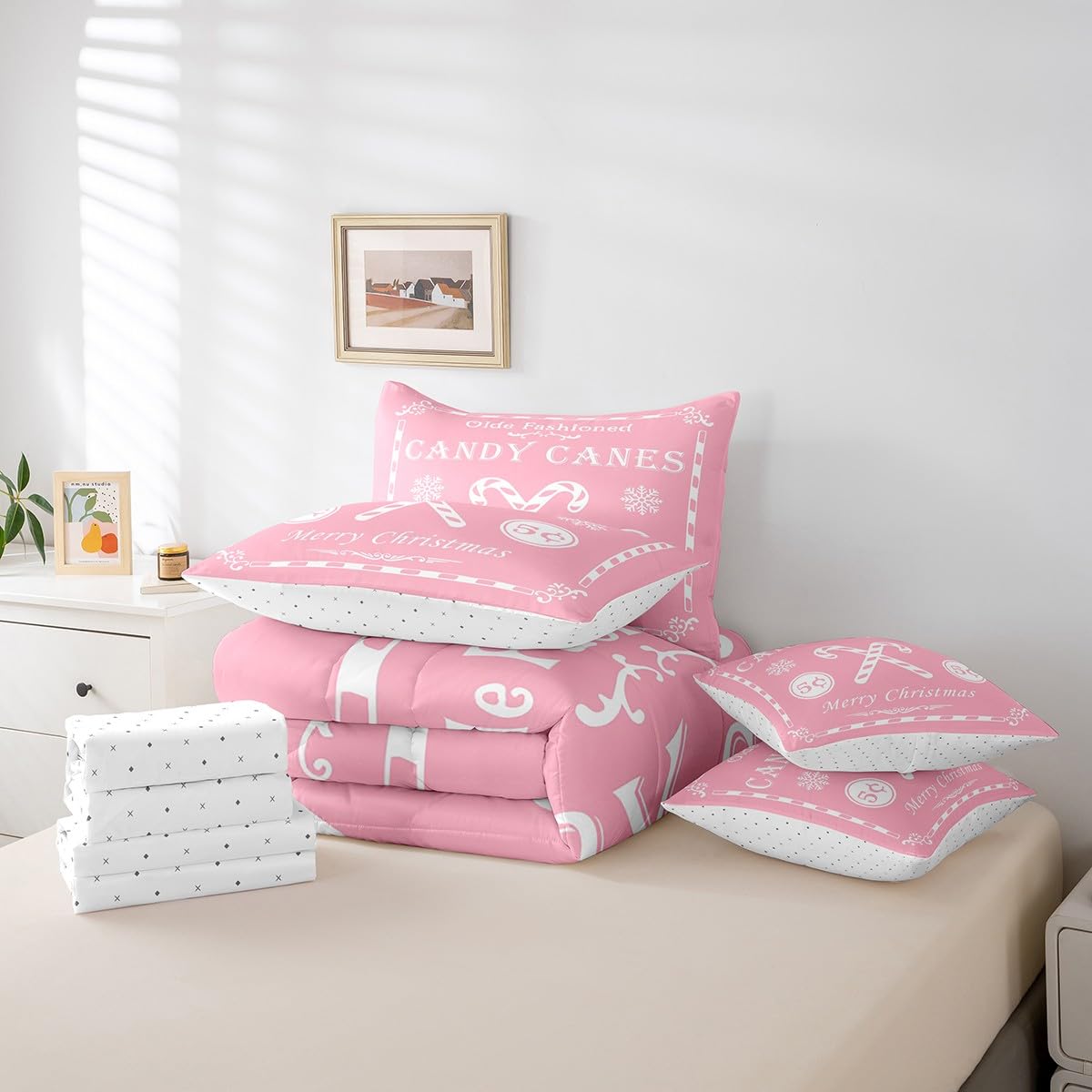 Feelyou Christmas Bedding Set 7 Pieces King Size Kids Christmas Quote Bedding Set Teens Candy Canes Print Comforter Set Xmas Pink White Bed in a Bag (Comforter, Sheets, Pillowcases & Cushion Covers)