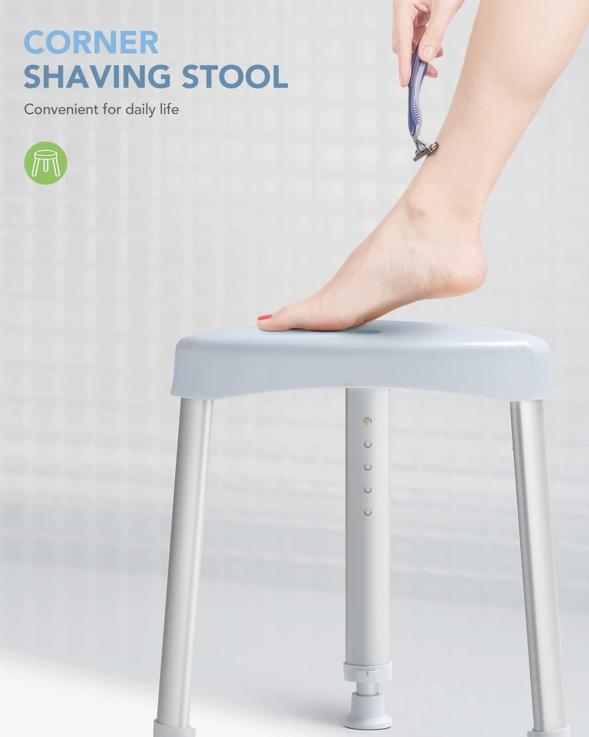 OasisSpace Adjustable Corner Shower Stool with Storage Tray, Triangle Spa Seat Bath Stool for for Small Shower, Anti-Slip and Durable Shower Chair for Shaving Legs, Waterproof