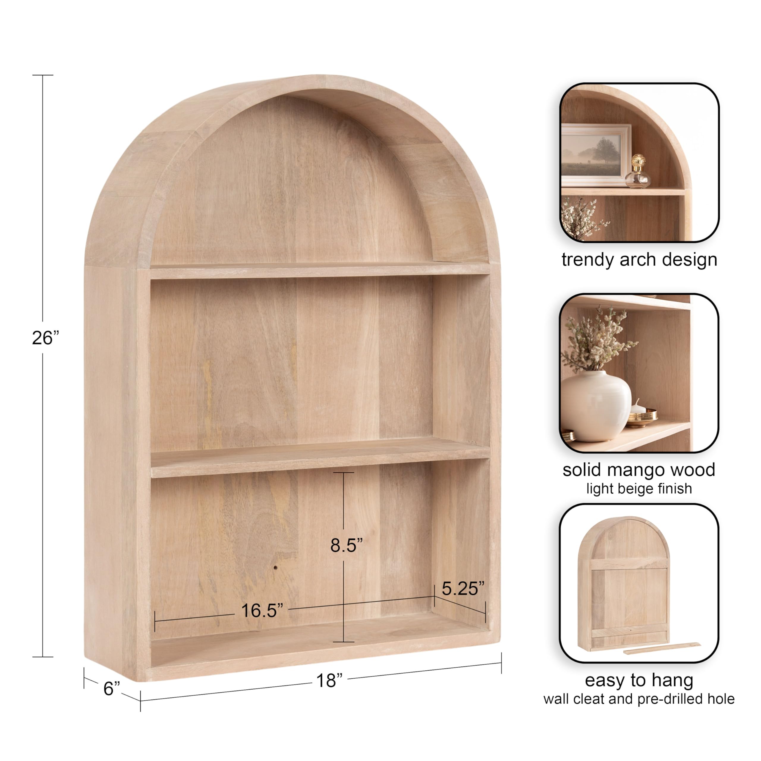 Kate and Laurel Arcott Modern Arched Wall Shelf, 18 x 26, Natural Wood, Transitional Arch Wall Shelves for Over-The-Toilet Storage or Entryway Storage Shelf