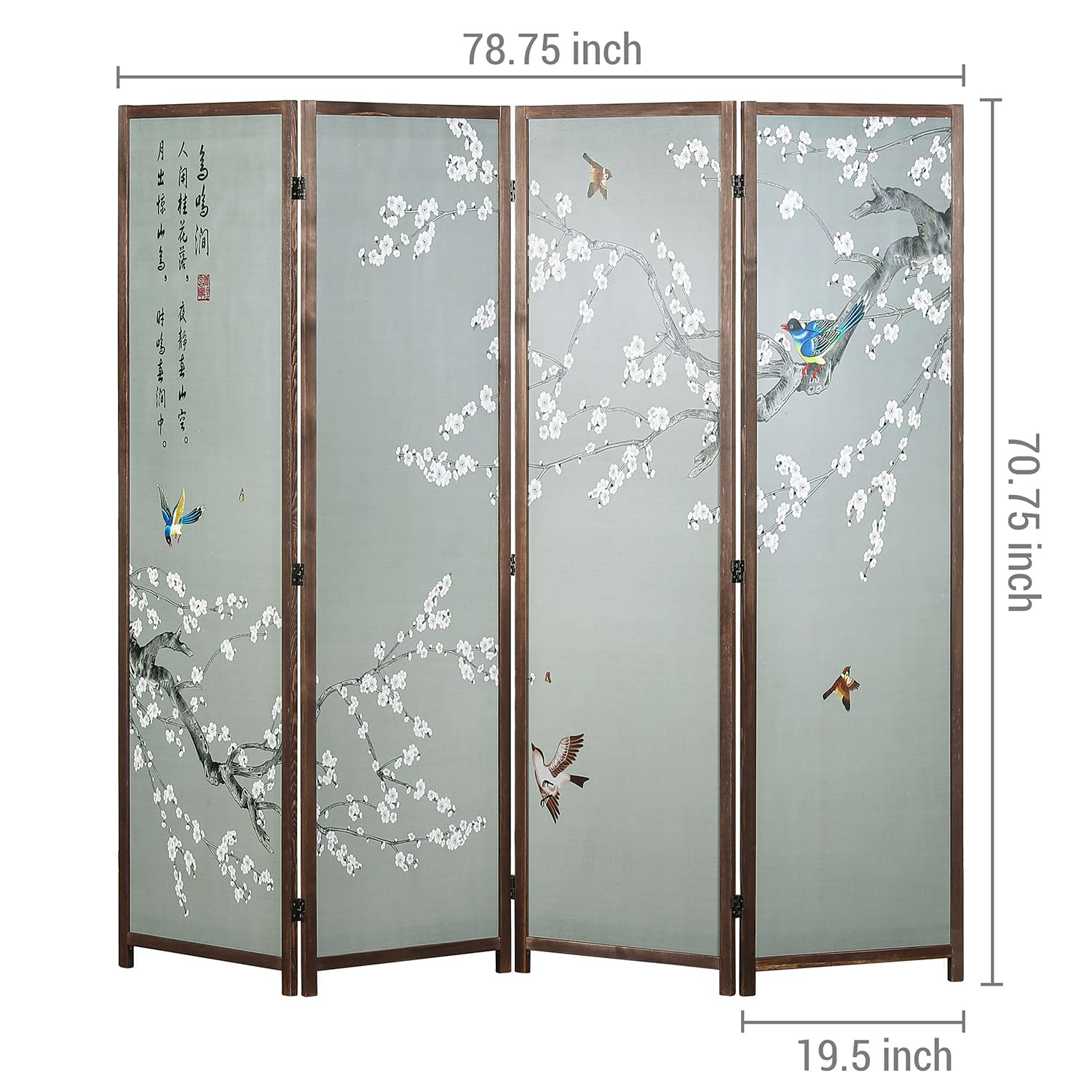 MyGift 4-Panel Asian-Inspired Folding Room Divider with Cherry Blossom Tree & Bird Design Poetry Calligraphy and Brown Wooden Frame