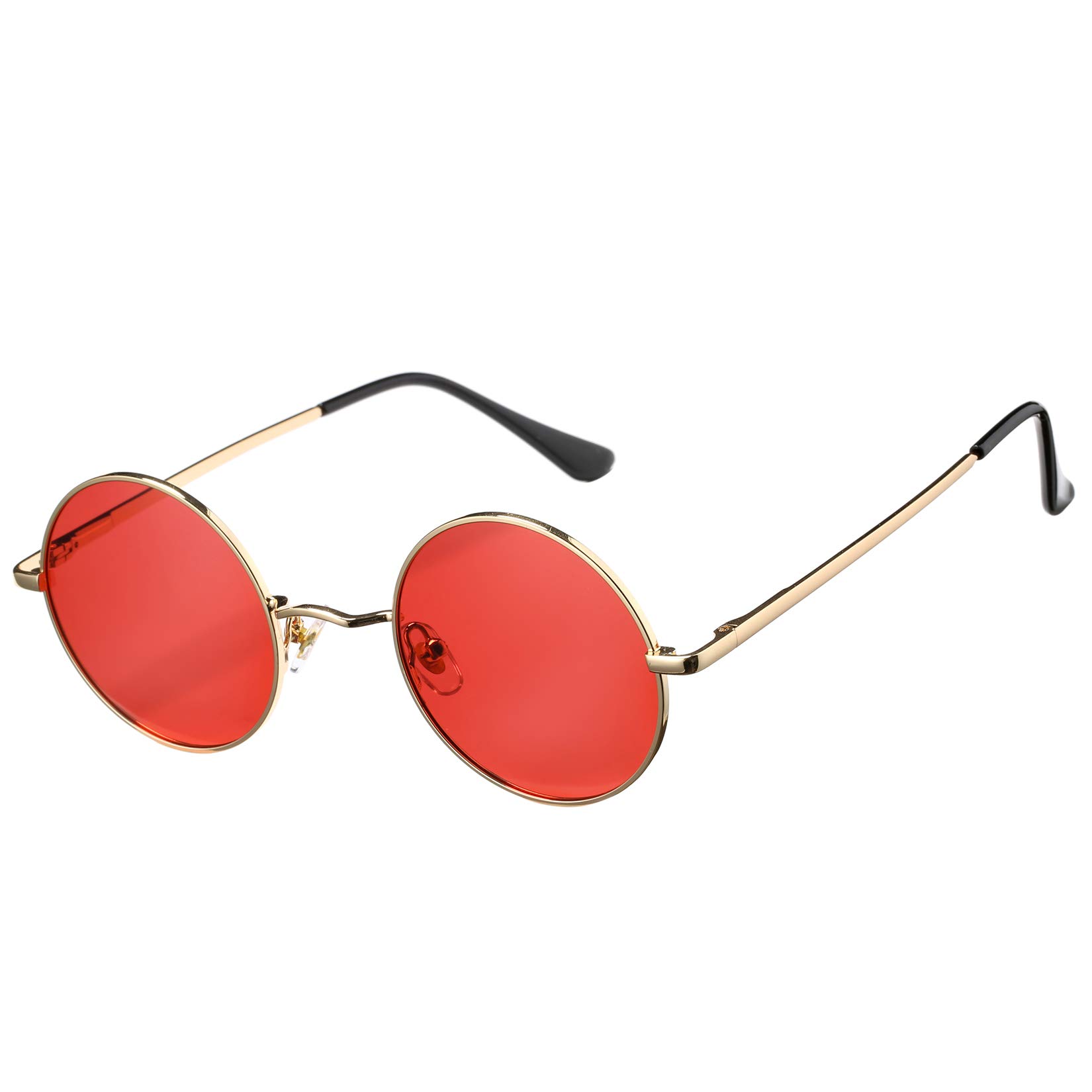 DeBuff Retro Round Polarized Sunglasses for Women Men Small Lennon Style Hippie Sun Glasses (gold frame, ocean red lens)