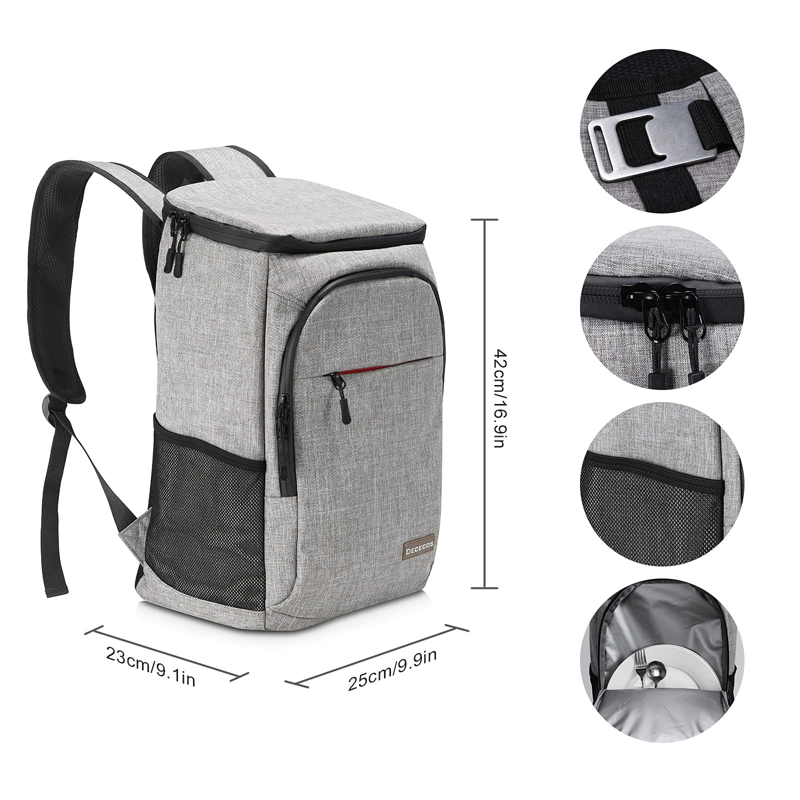 Dececos Cooler Backpack Grey with Corkscrew Soft Waterproof Adjustable Blanket Fixing Strap, Leak-Proof Insulated Cooler Bag for Camping, Hiking, Beach, Travel