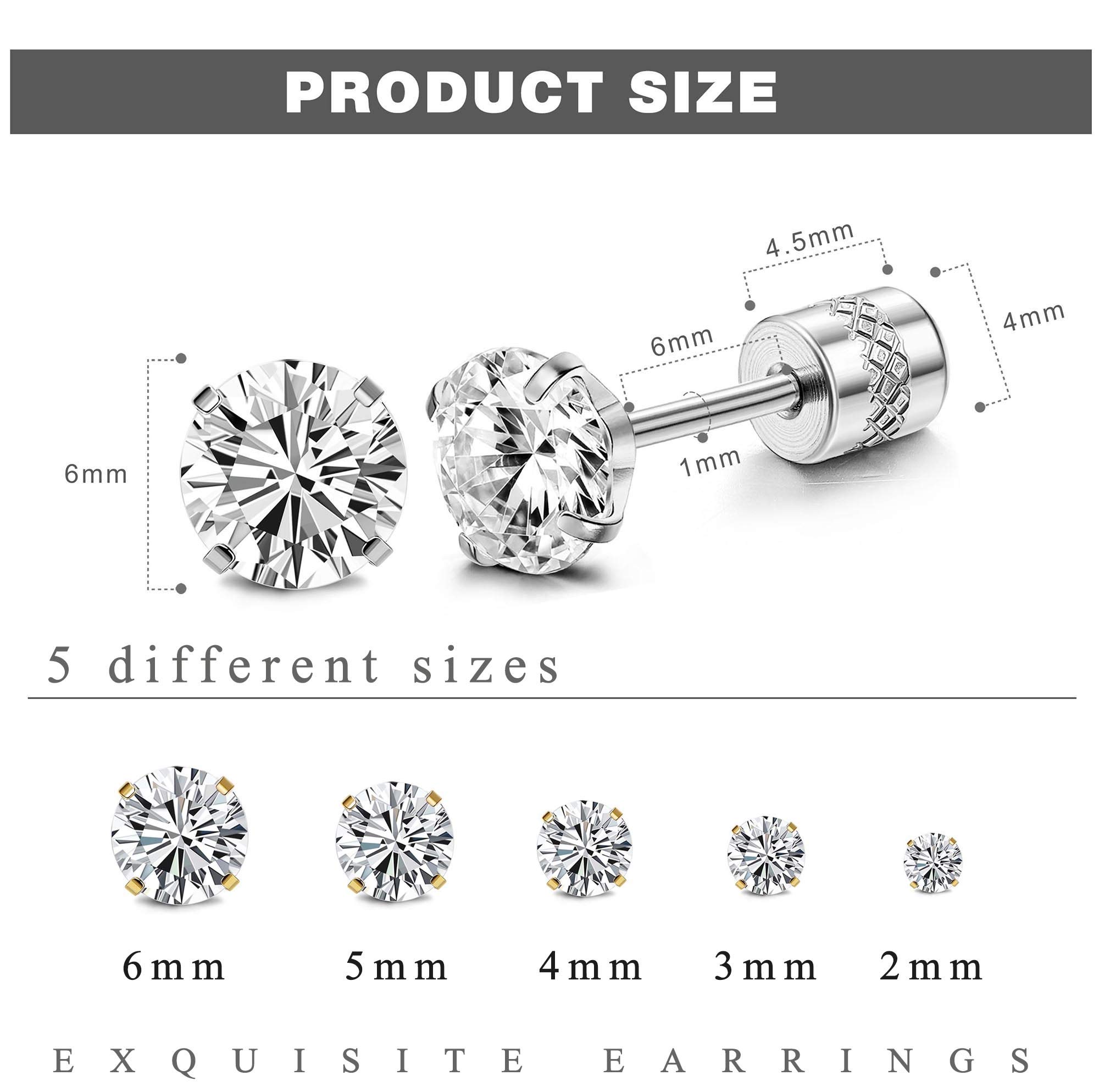 Drperfect 5 Pairs 18G Cartilage Earrings for Women Men Tiny Stainless Steel Piercing Stud Earrings CZ Screw Back Earrings 2-6mm