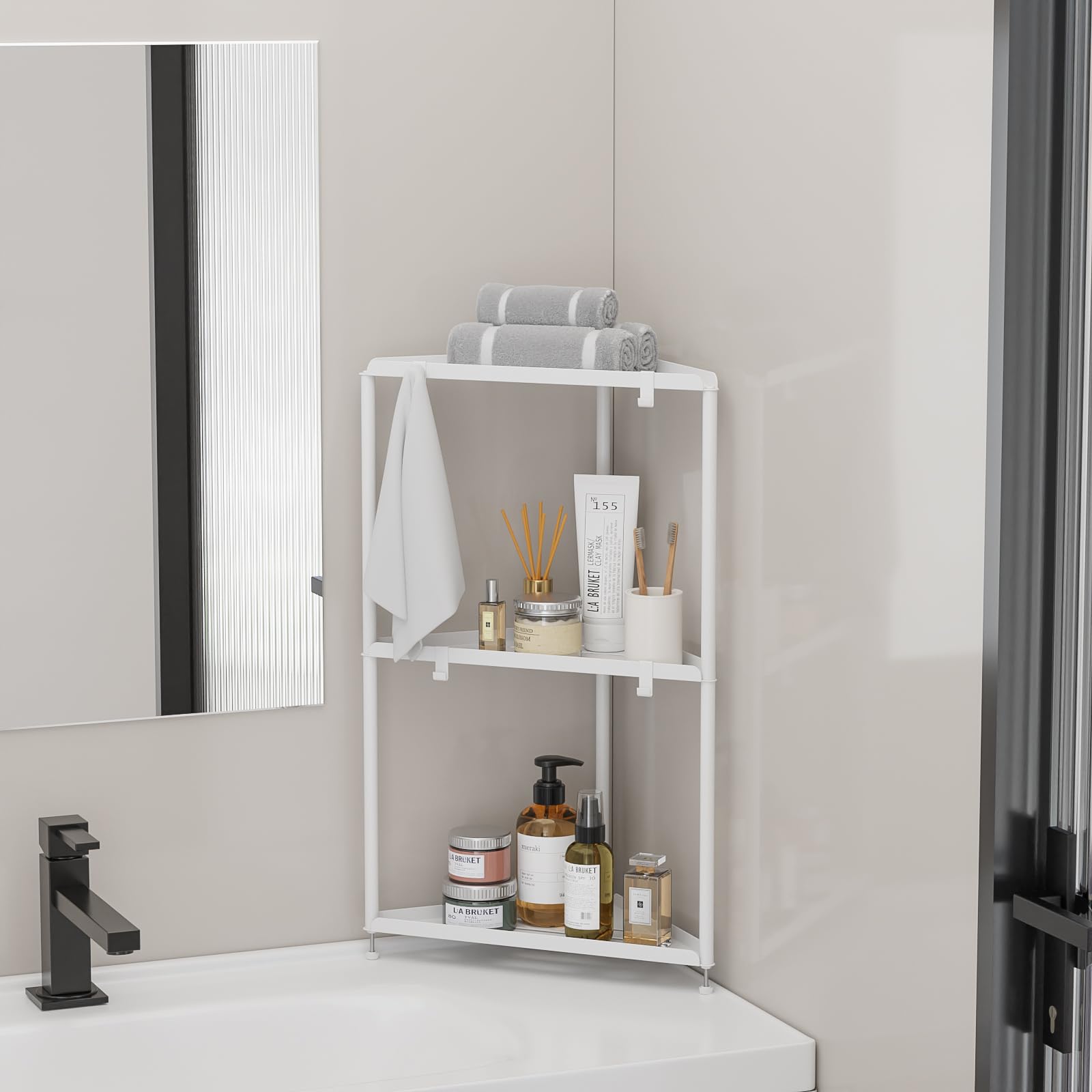 Kawaiita Corner Shower Caddy Stand, 3 Tier Floor Shower Organizer Stands for Inside Shower, Bathtub, Bathroom Corner Shower Shelf Rack with Adjustable Feet & 4 Hooks, Metal, White