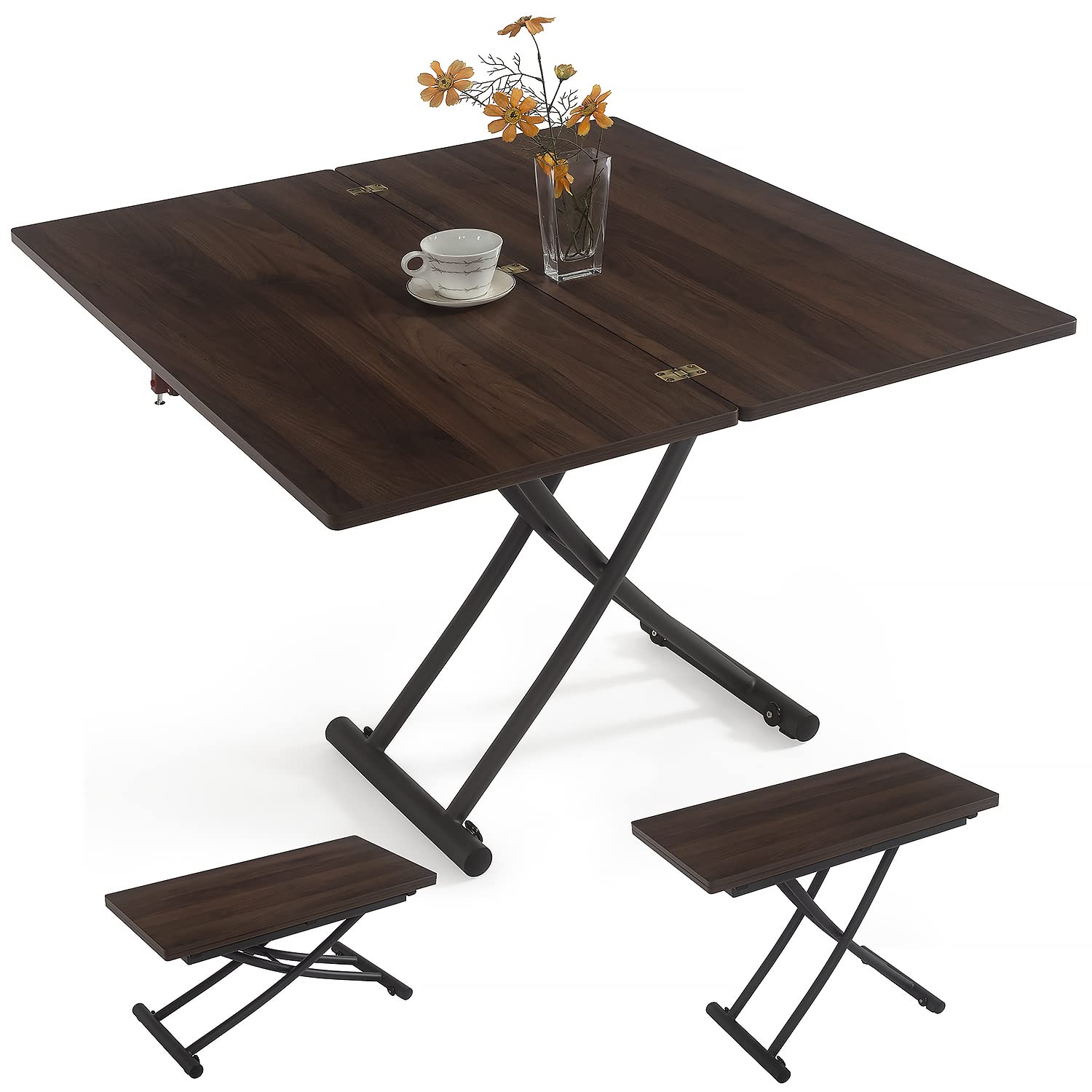 MYSELFLY Living Room Dinning Tables Folding Metal Lift Bracket Multifunction Transform Dinner Kitchen Coffee Tea End Table in Home Wood Desktop Design 40x35 Walnut