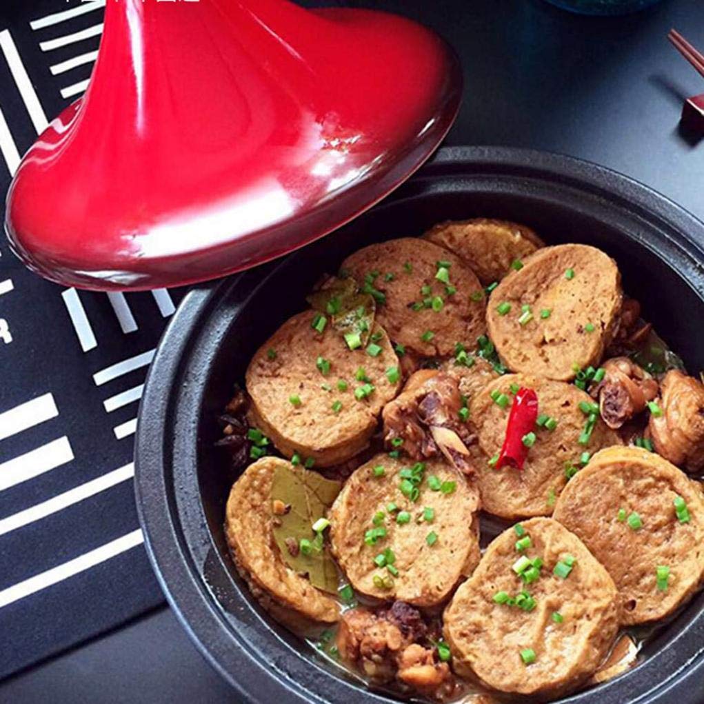 MYYINGBIN 1.7Liter Tagine Pot with Enameled Cast Iron Base and Cone-Shaped Lid Anti-Hot Silicone Gloves, Suitable for 1-4 People, Red
