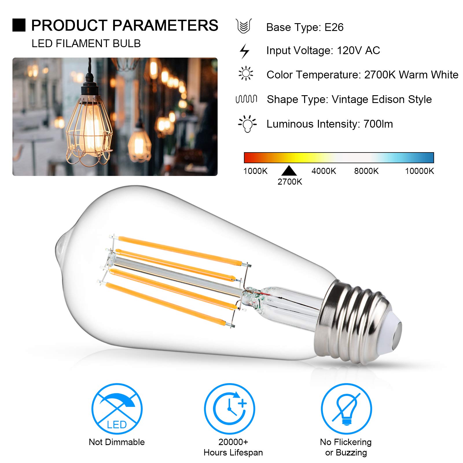 Defurhome LED Edison Bulbs 60W Equivalent, Daylight White 4000K, High 95+ CRI Eye Protection LED Bulb, ST58 LED Filament Light Bulbs, Antique Style Lighting, Non Dimmable, E26 Medium Base - Pack of 5