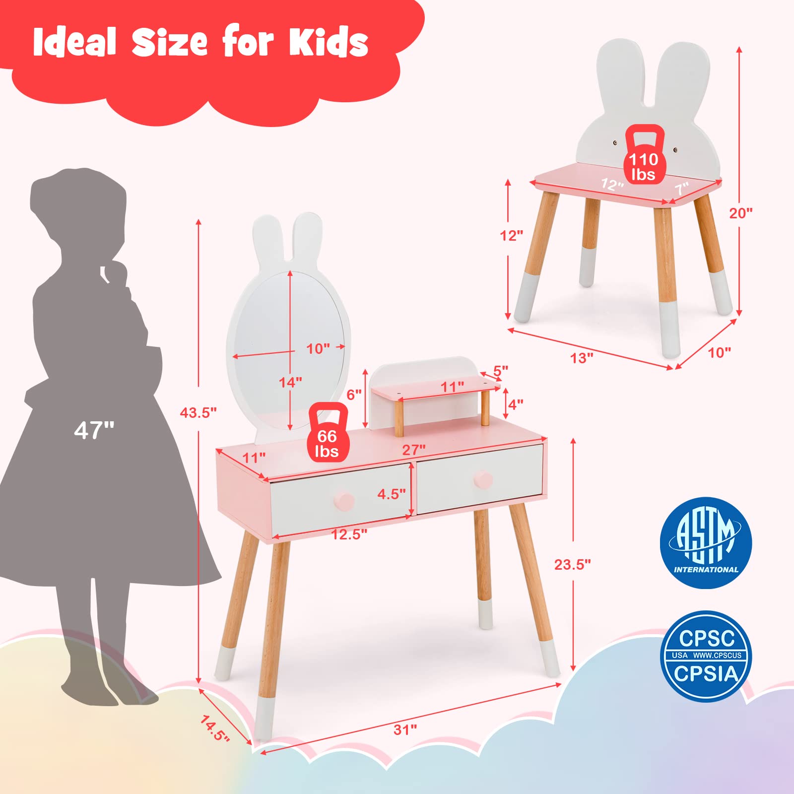 FIREFLOWERY Kids Vanity, Kids Vanity Table and Chair Set with Mirror & Storage Shelf, Princess Dressing Table, Toddler Makeup Vanity, Girls Vanity with 2 Large Drawers (White)