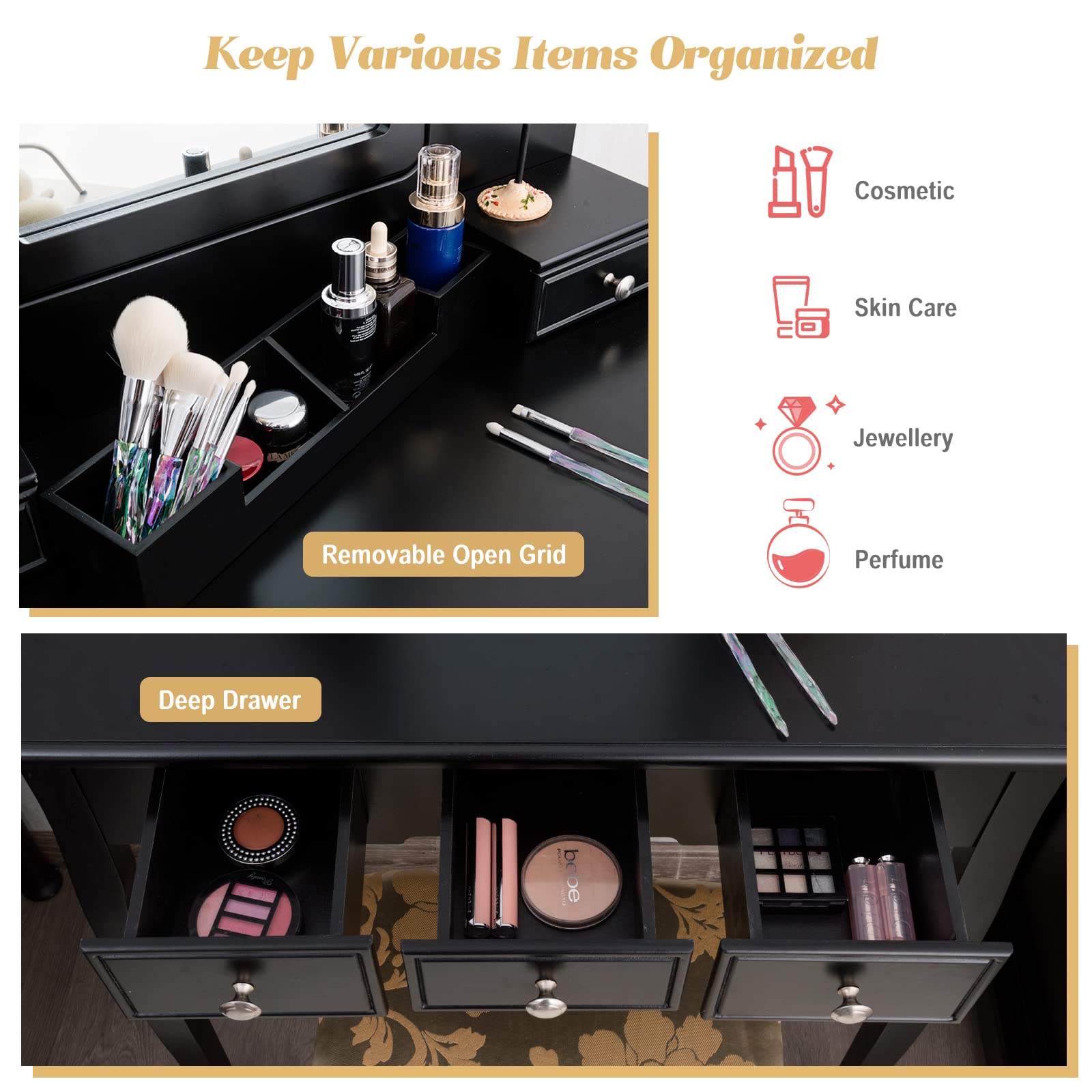COSTWAY Vanity Desk Set with Mirror, Vanity Desk and Cushioned Stool Set with 5 Storage Drawers, Makeup Dressing Table for Bedroom Women Girls (Black)