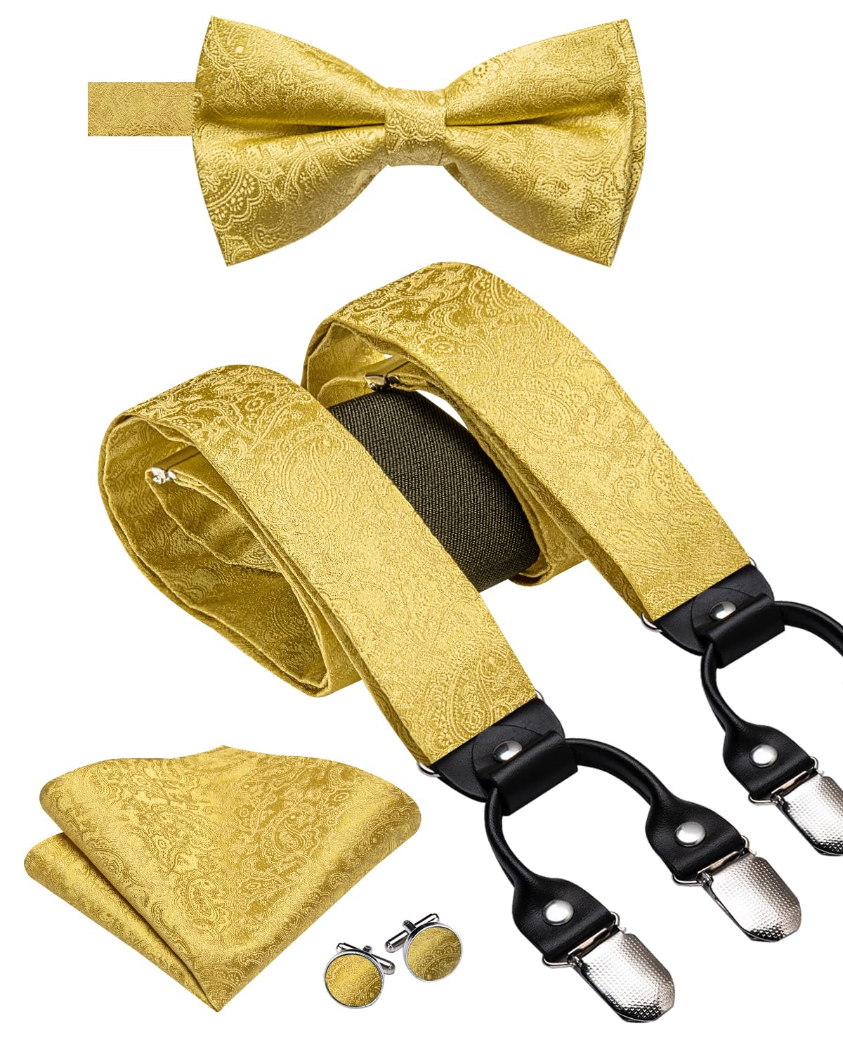 Dubulle Gold Suspender Paisley bowtie Set Silk Brace Adjust Elastic Suspender Set