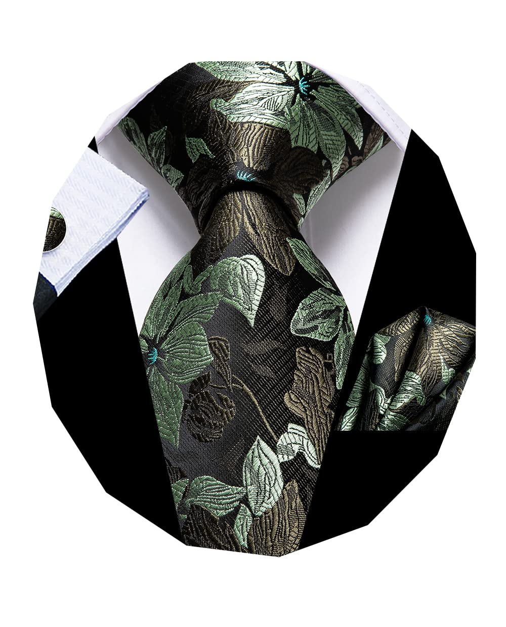 Dubulle Mens Tie Set Solid Paisley Silk Striped Necktie for Men with Cufflinks Tie and Pocket Square,A Sage Green