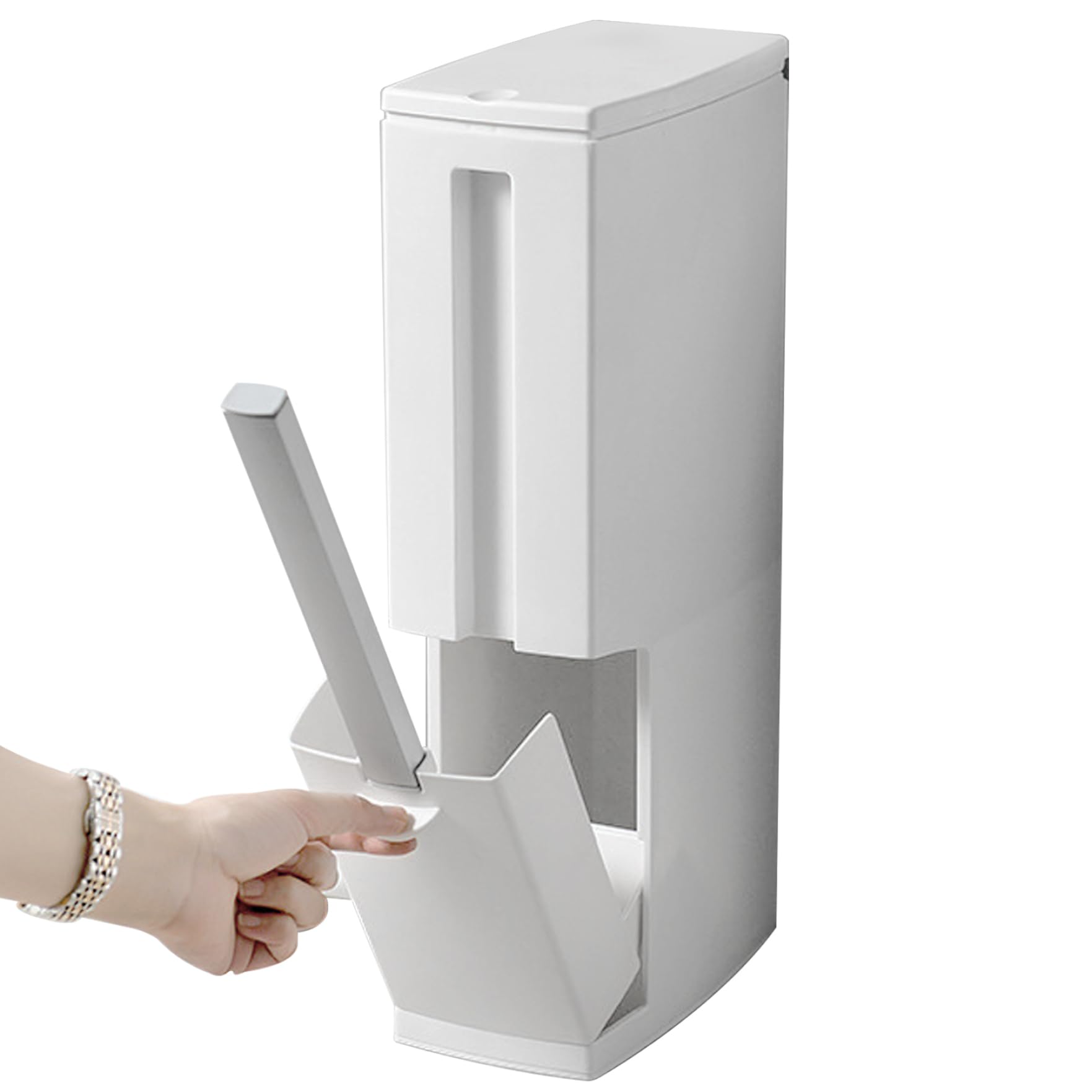 KDAMGOQE Bathroom Bin Bathroom Trash Can 4.3x7.9x16.3 in Slim Bathroom Bin with Toilet Brush Holder Press-Opening Space Saving White Rectangular Diaper Trash Can for Toilet Kitchen