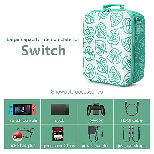Deluxe Carrying Case for Switch, Leaf Crossing Hard Shell Storage Bag with Handle and Shoulder Strap Fit Complete for Switch System Console+Switch Dock+Joy-Con Grip & Other Accessories