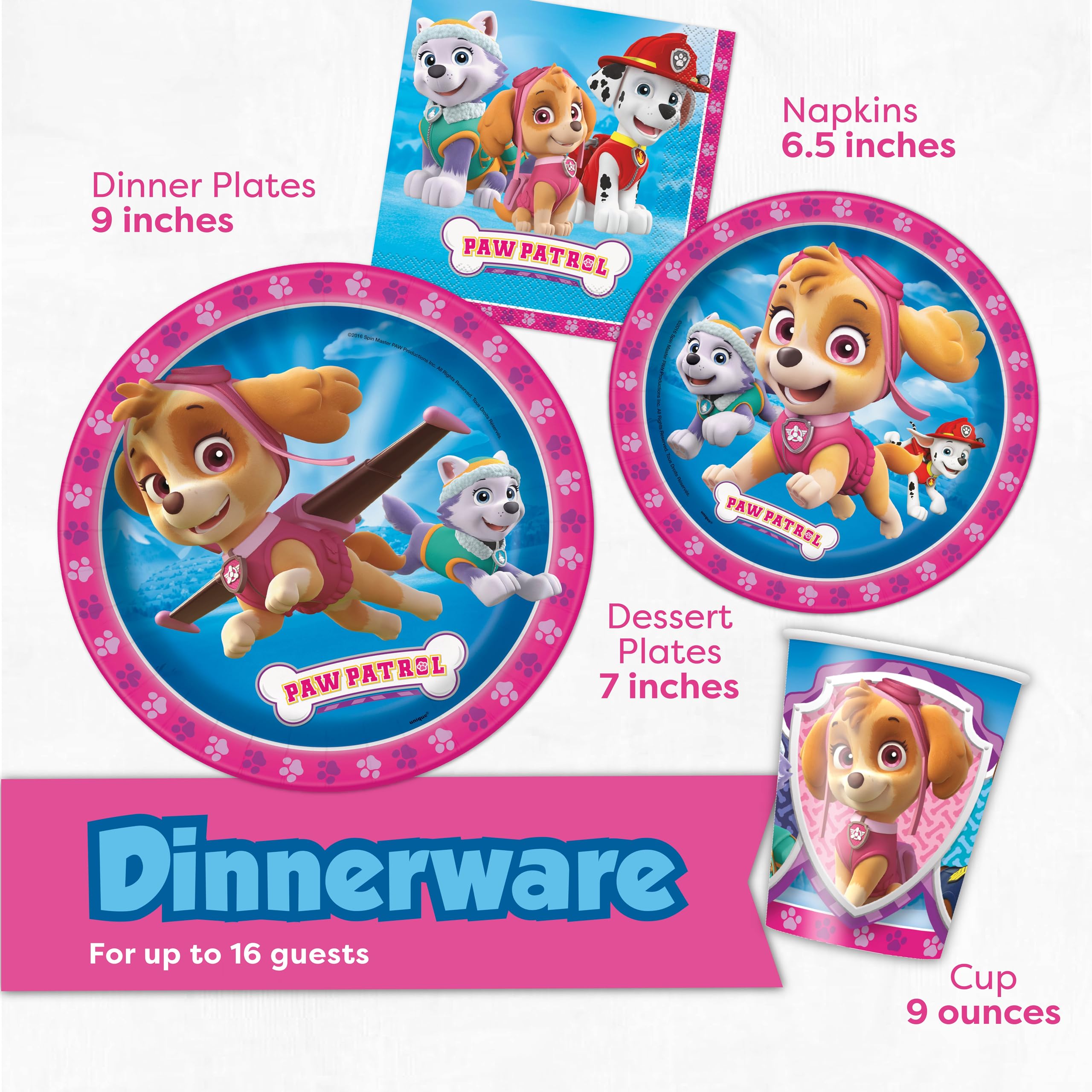 Pink Skye Paw Patrol Party Supplies and Decorations for Girls Birthday Party, Features Skye and Everest, Serves 16 Guests, Includes Tableware and Decor with Table Cover, Banner, Plates, Napkins & More