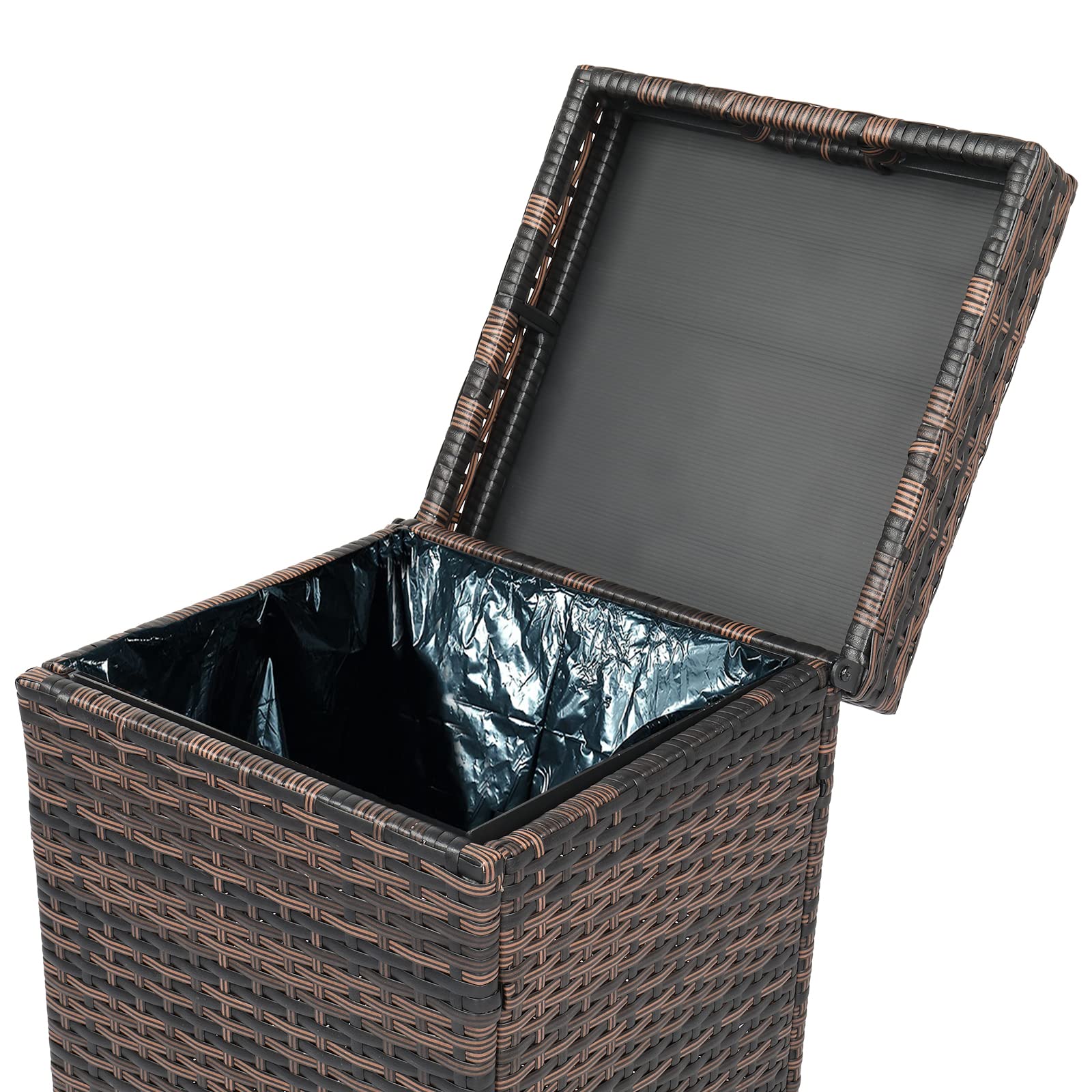 Outdoor Trash Can Rattan Garbage Can Trash Bin with Removable Lid Outdoor Waste Basket Wast Container for Backyard Patio Deck and Outdoor Kitchen Use,with Top Cover Iron Frame (Brown)