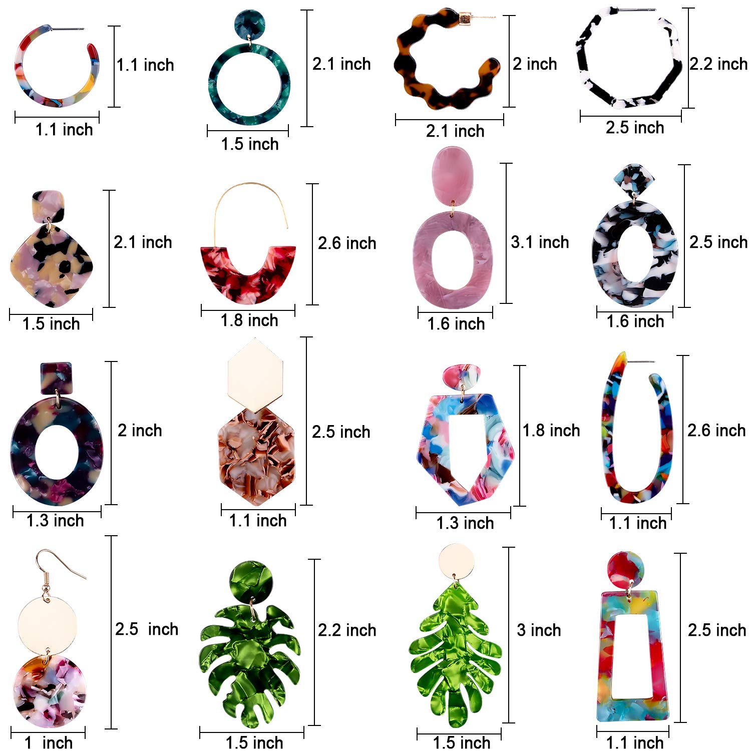 Duufin 28 Pairs Acrylic Earrings Statement Earrings Set Mottled Resin Hoop Earrings Drop Dangle Earring Polygonal Fashion Earrings for Women