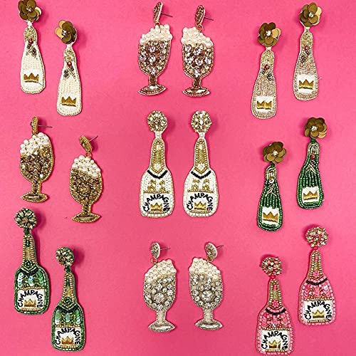 Dvacaman 2 Pairs Beaded Fun Champange Bottle Earrings Sets for Women Handmade Bead Champagne Bottle Sparkling Wine Drop Dangle Earring Statement Jewelry(Champagne pink & gold)