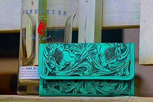 Virginia Handbags Handmade Womens Wallet. Rich and Deep Hand Tooling. (Turquoise)
