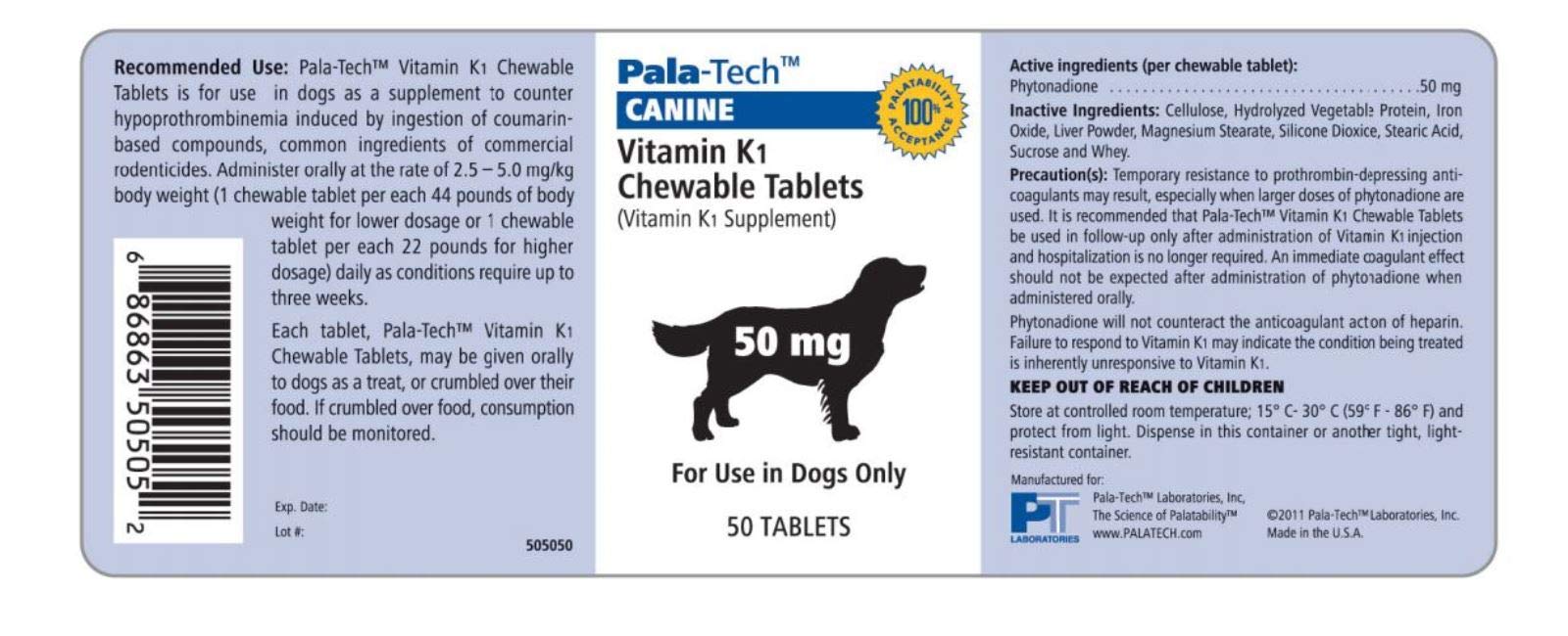 Pala-Tech Vitamin K1 Chewable Tablets For Dogs, 50 mg, 50 Tablets