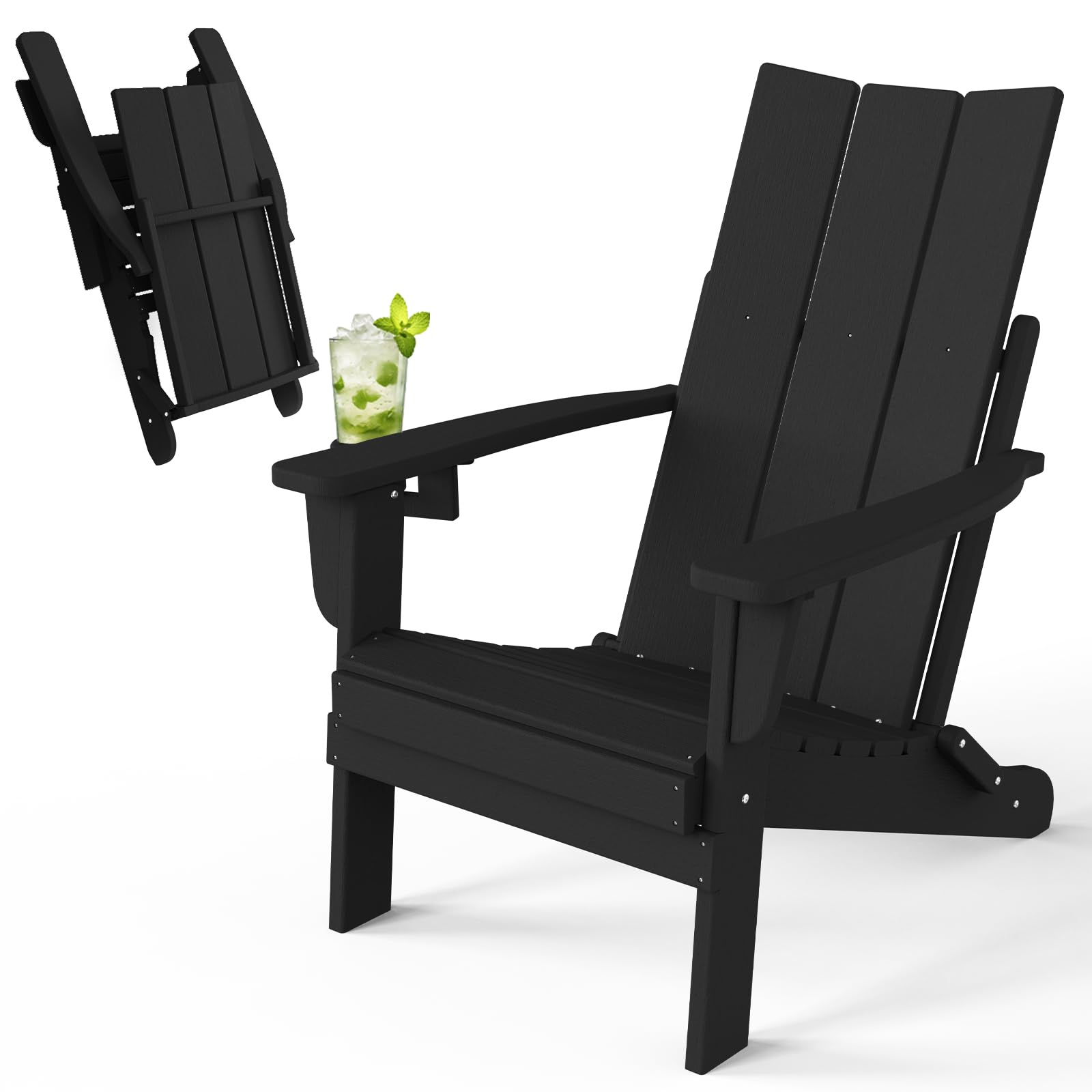 Folding Adirondack Chair Set of 4 with Cup Holder, Poly Lumber Patio Chairs, Wood Texture, Pre-Assembled Weather Resistant Outdoor Chairs for Pool, Deck, Backyard, Garden, Fire Pit Seating, Slate Gray
