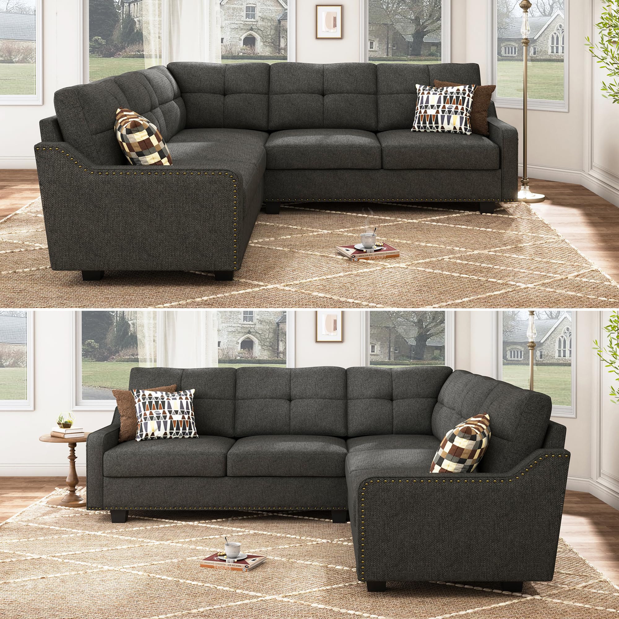 HONBAY Convertible Sectional Sofa L Shaped Couch for Small Apartment Reversible Sectional Couch for Living Room,Velvet Black